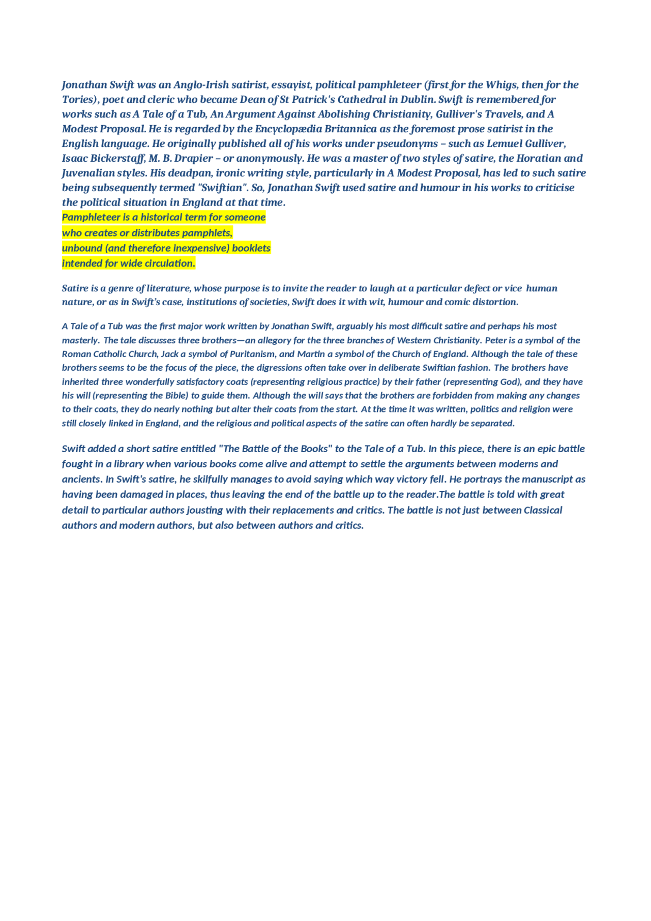 Jonathan Swift Letteratura Inglese Docsity