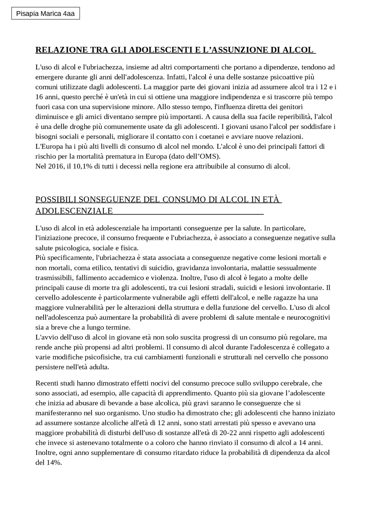 Relazione tra adolescenti e alcol - Docsity
