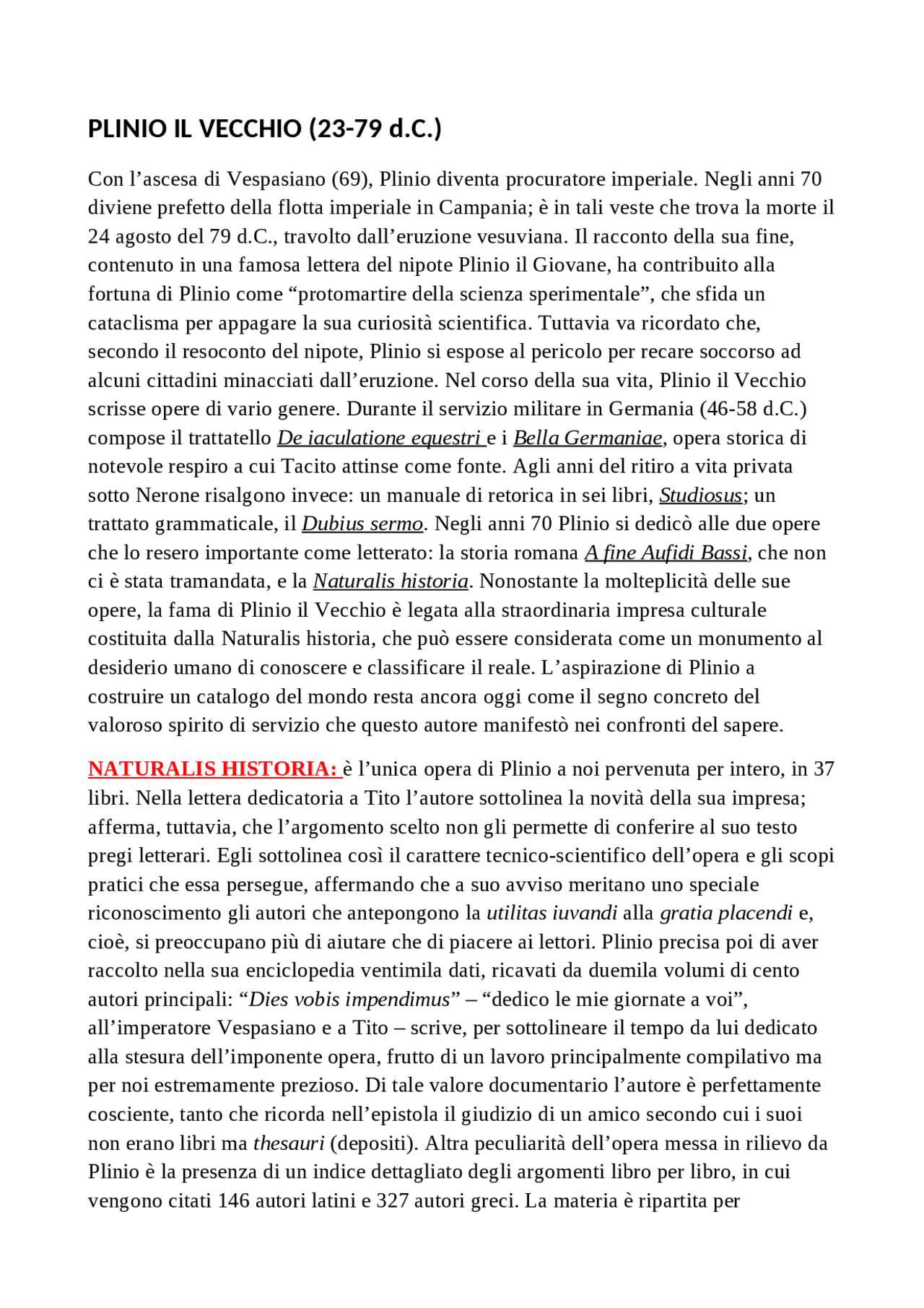 Plinio Il Vecchio Riassunto Docsity