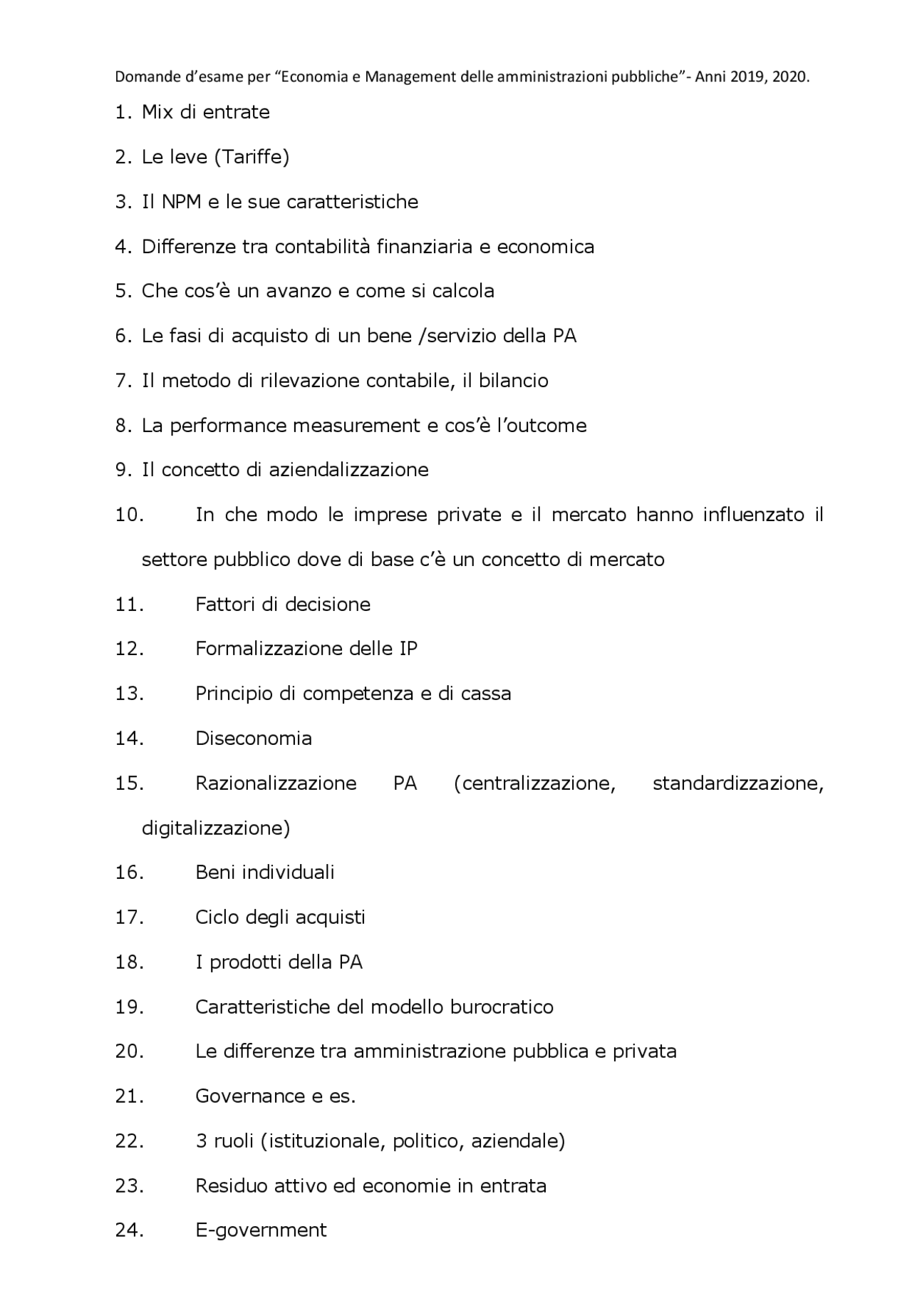 Domande d'esame "Economia e Management delle amministrazioni pubbliche" | Prove d'esame di ...