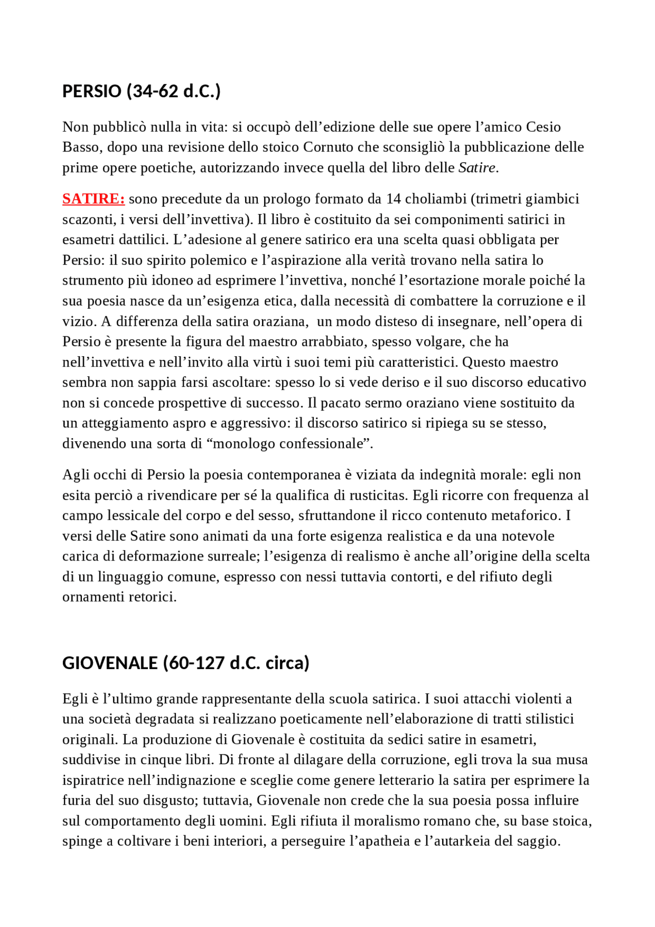 Persio E Giovenale Riassunti Docsity