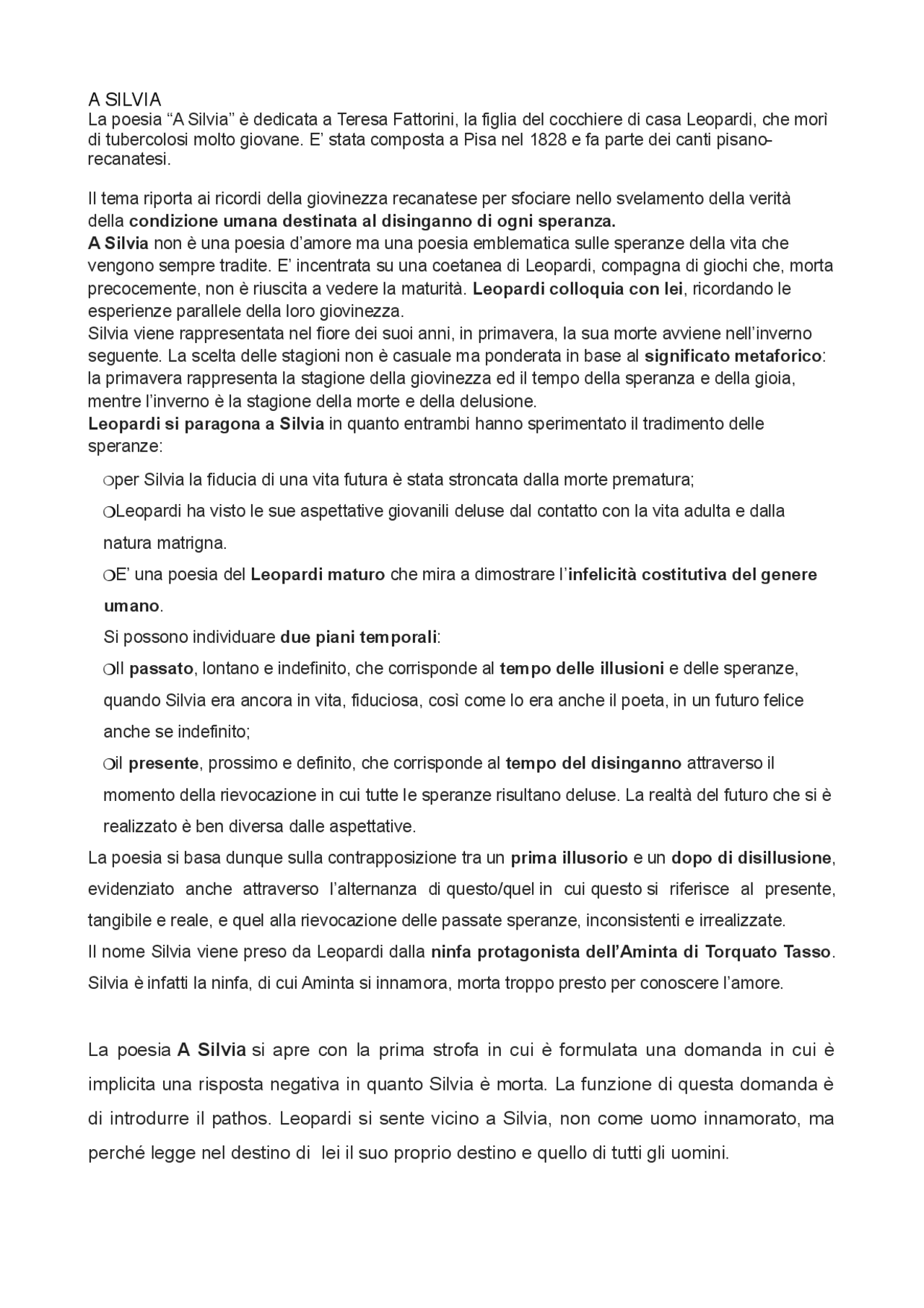 A Silvia, Leopardi, analisi - Docsity