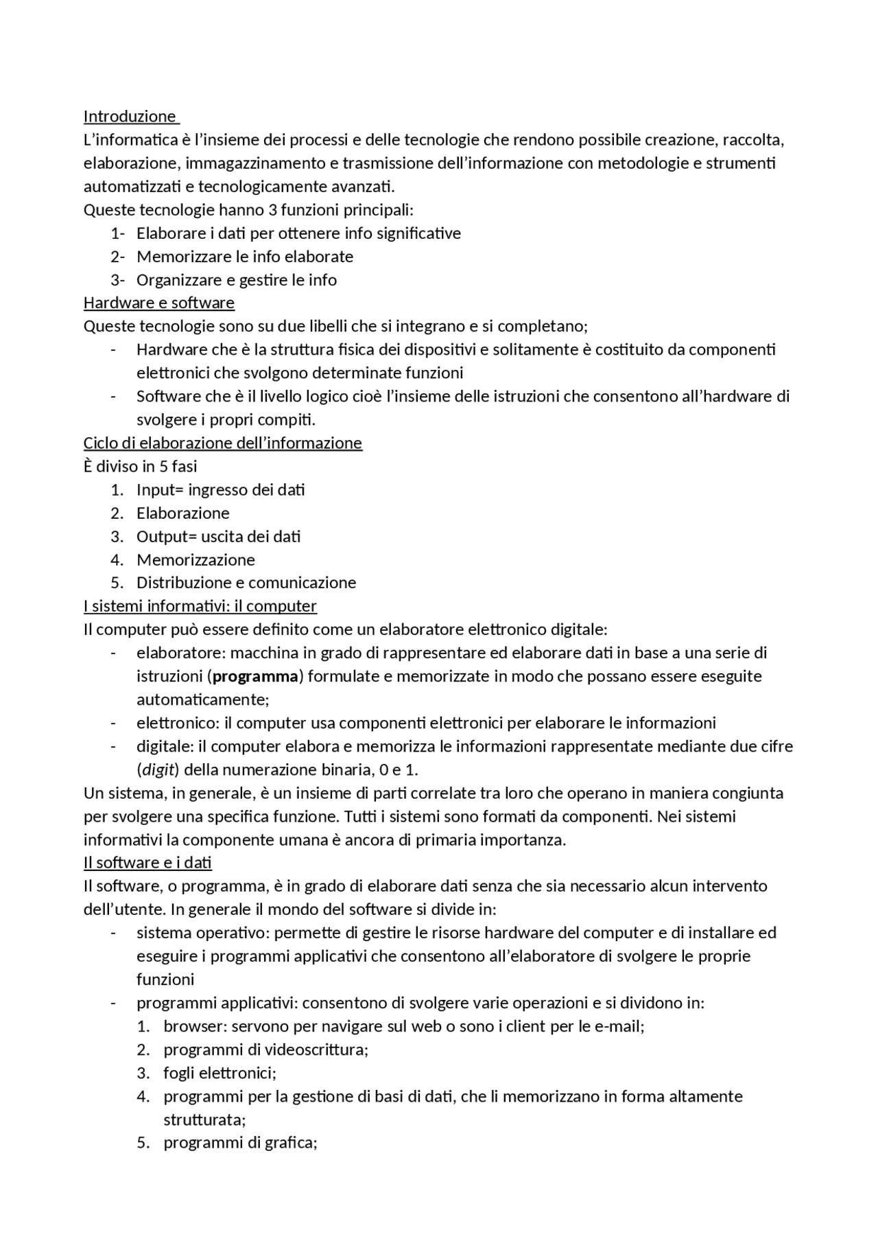 Introduzione Informatica Docsity