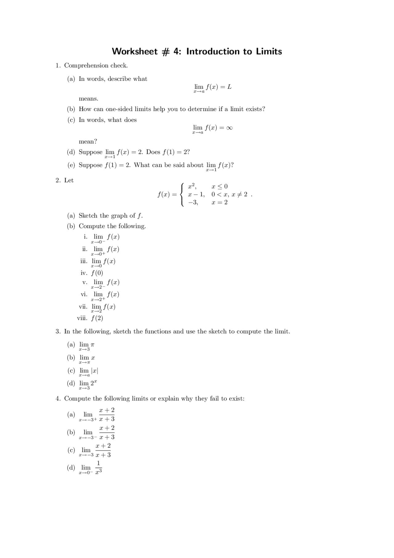 Introduction To Limits Exercises And Comprehension Ma 113 Docsity
