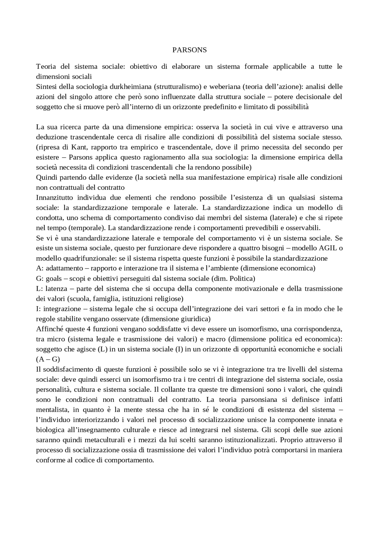Sociologia Di Talcott Parsons Docsity
