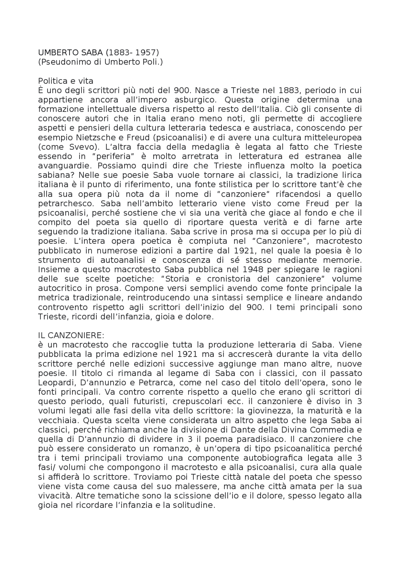 Appunti Umberto Saba Docsity