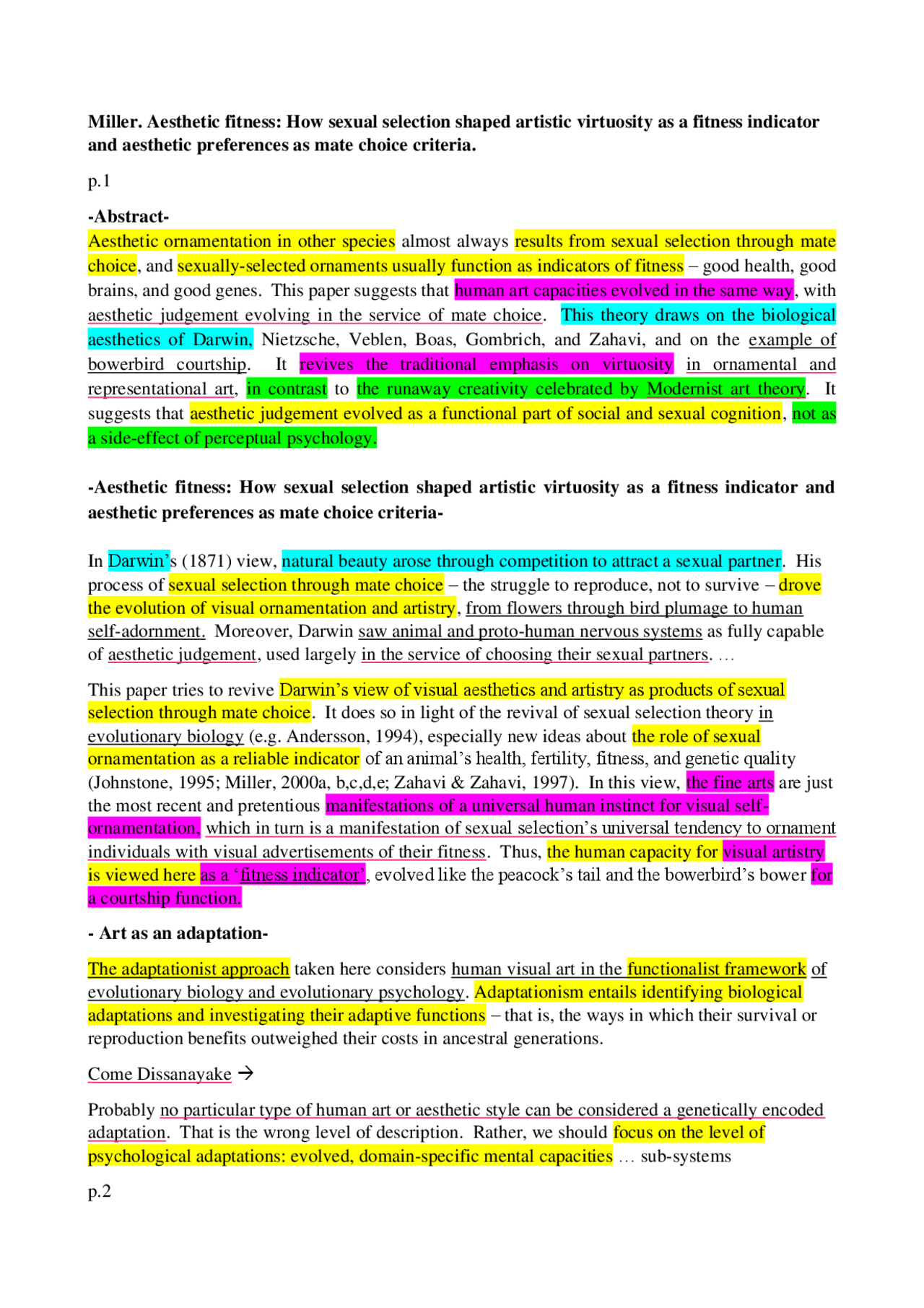 Main characteristics in the paper: Miller. Aesthetic fitness. - Docsity