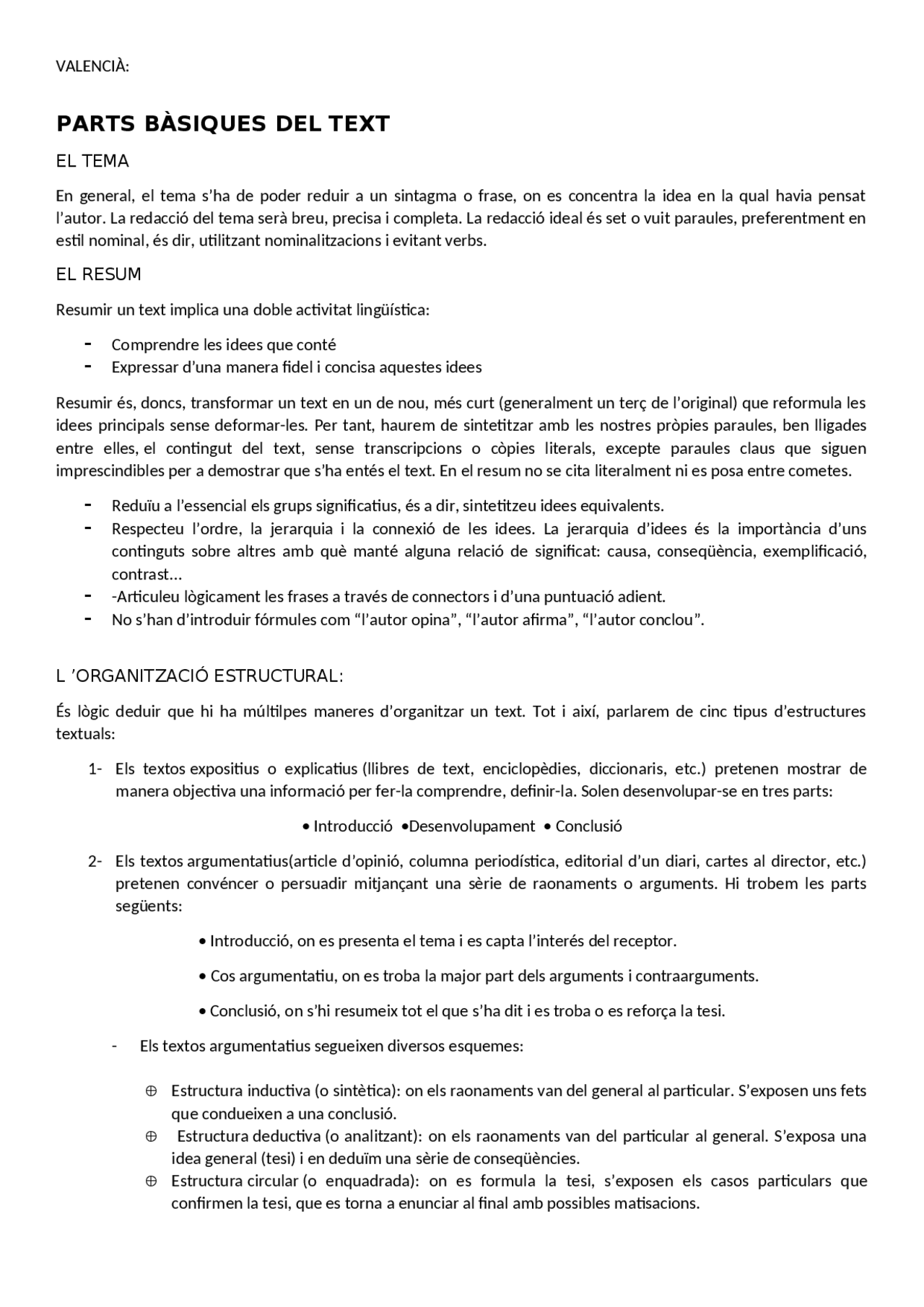 Parts bàsiques d'un text | Resúmenes de Valenciano | Docsity
