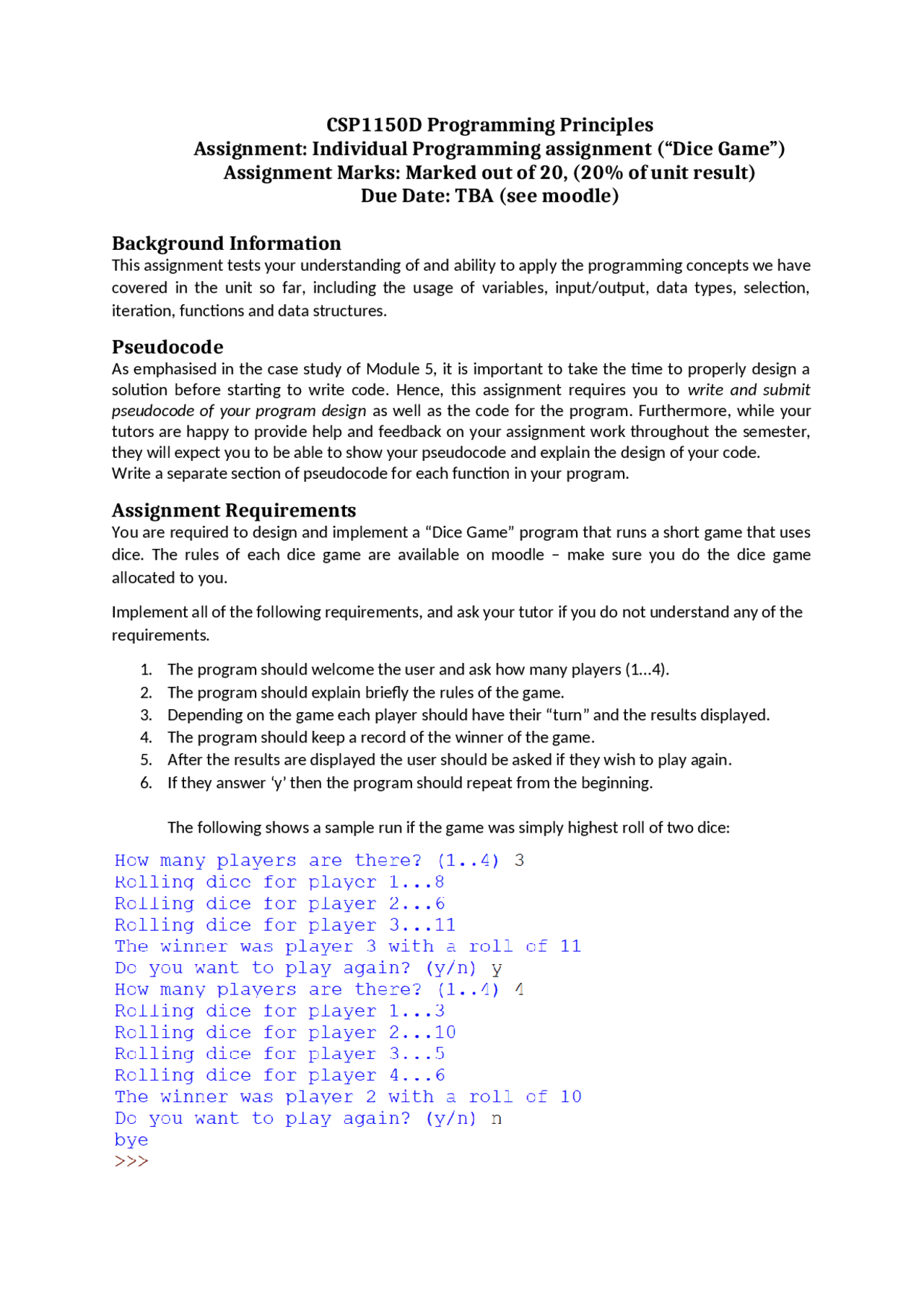 Dice Game Assessment Assignments Computer Science Docsity