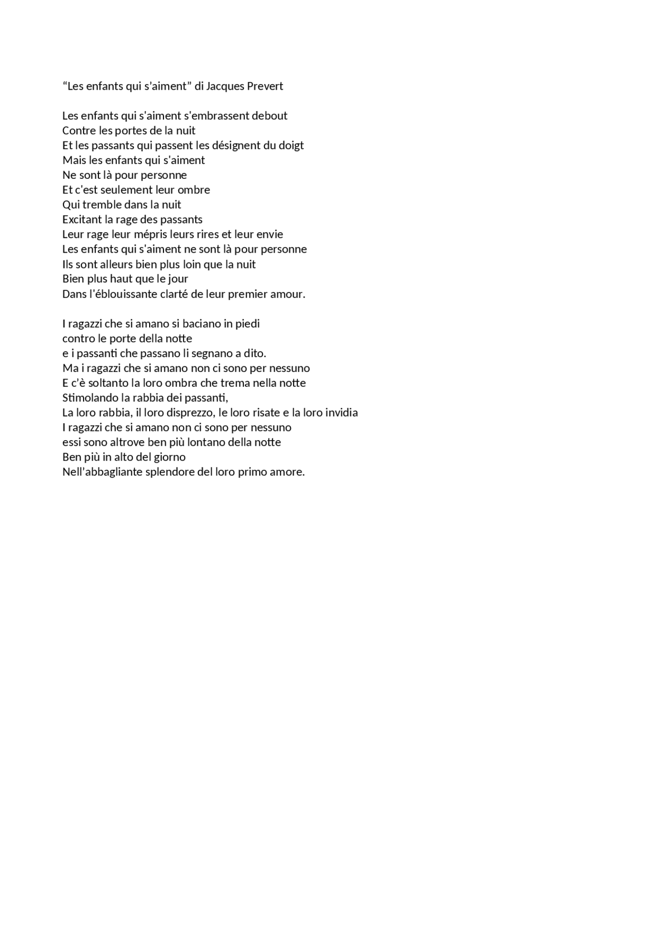 Analisi jacques prevert poesia | Appunti di Francese | Docsity