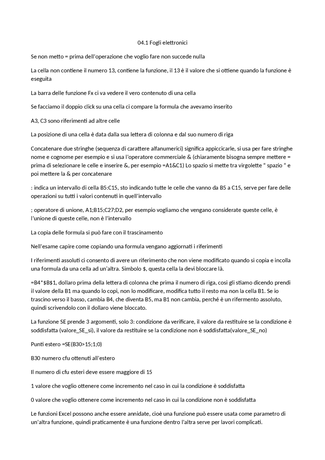 Lezione fogli elettronici, seconda parte - Docsity