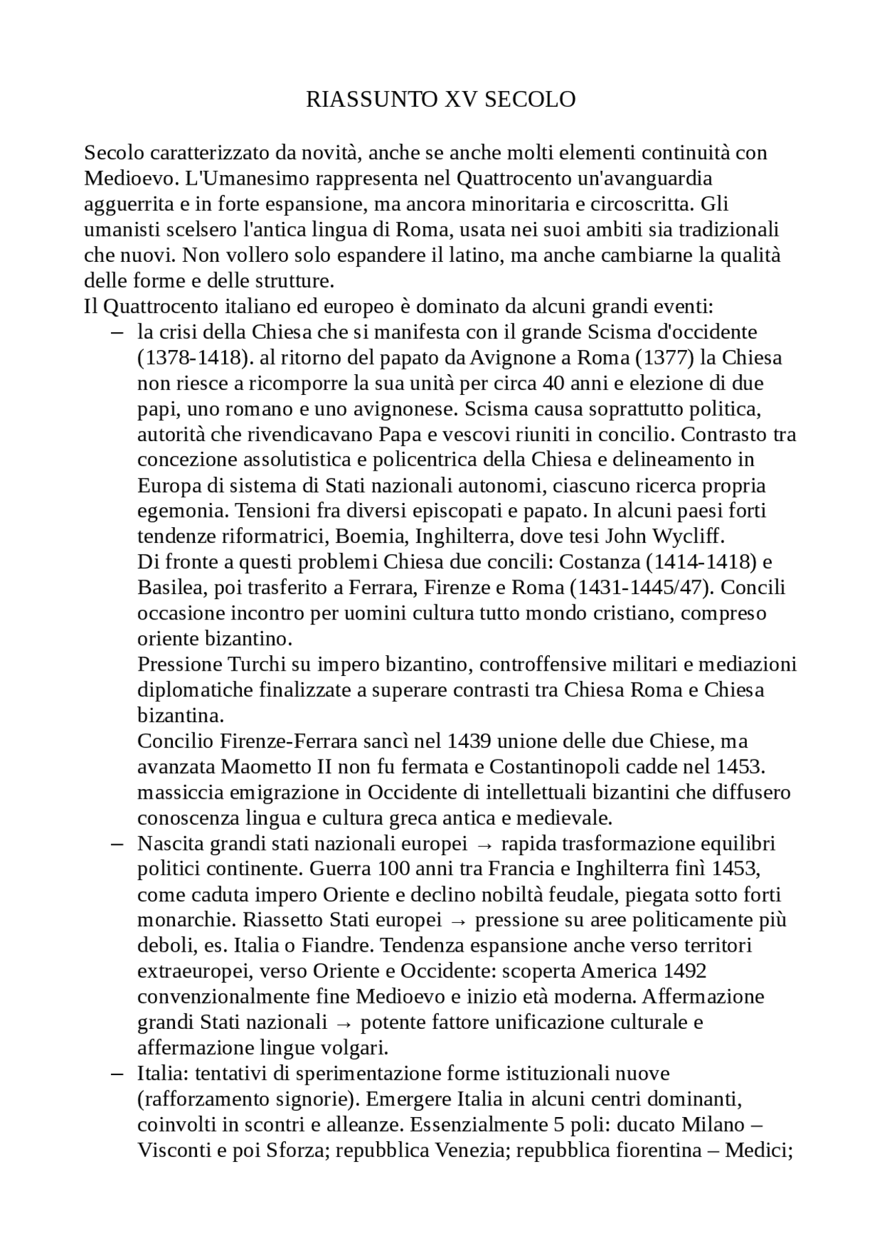 Riassunto del XV secolo - Docsity