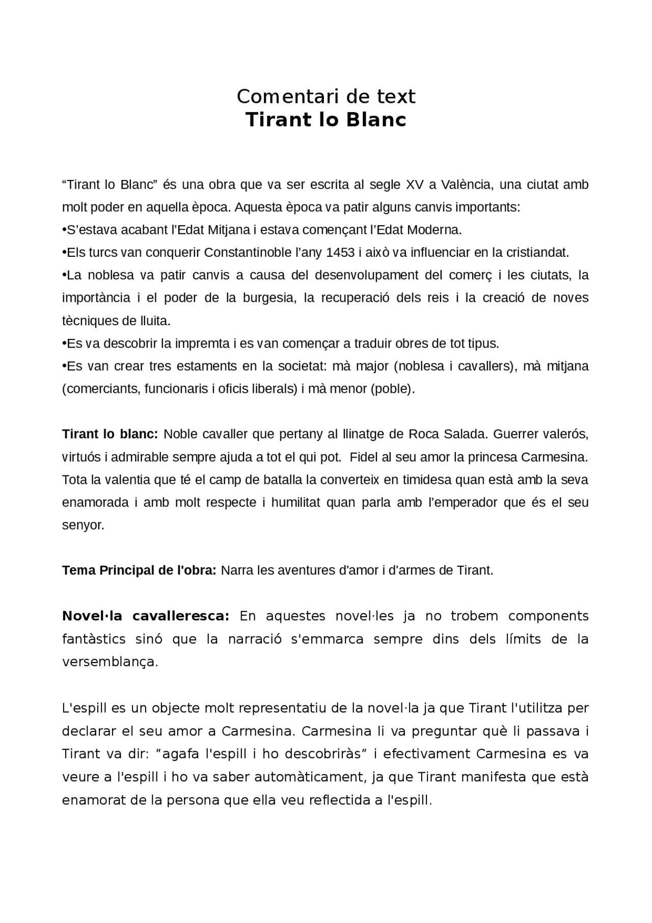 Comentari de text Tirant lo Blanc resumit - Docsity