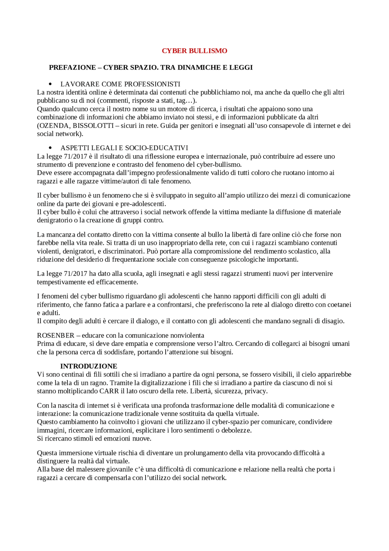 Riassunto Cyber Bullismo Docsity