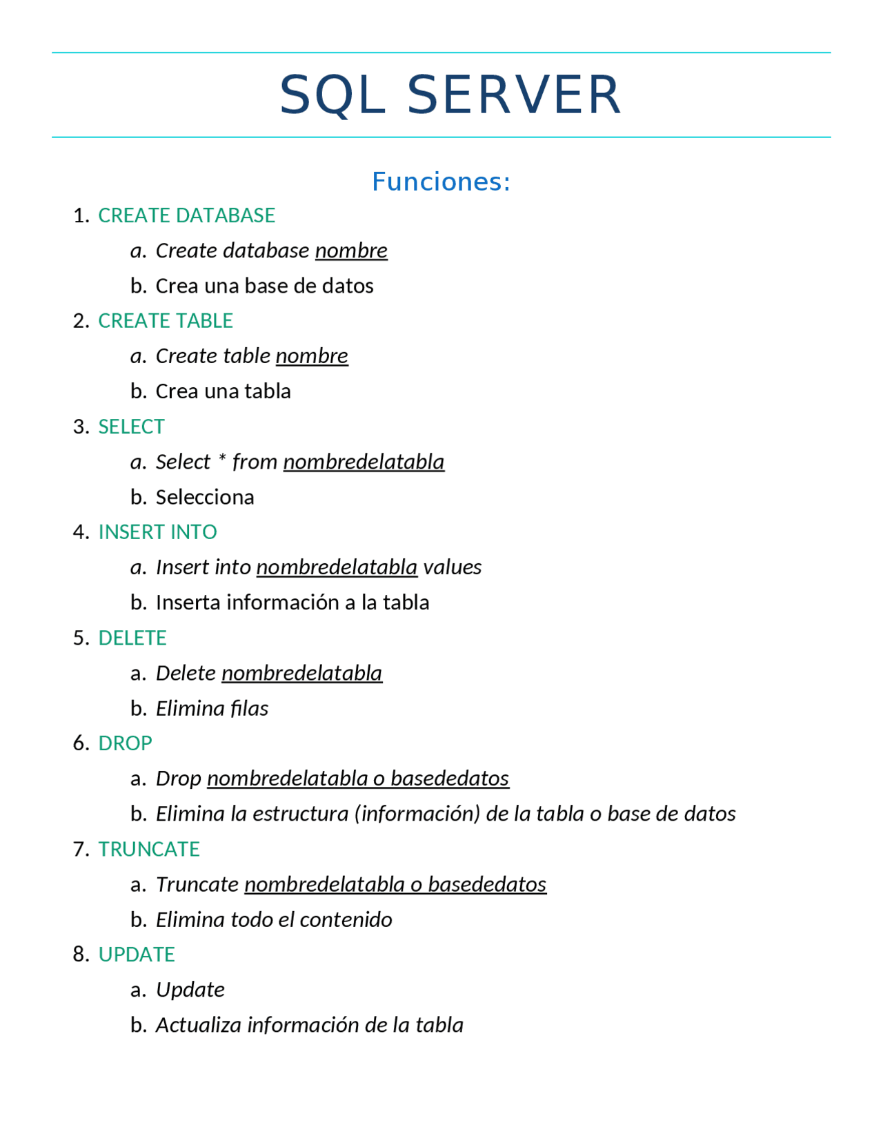 SQL SERVER EXAMEN todo x que no les va a servir para nada, fin - Docsity