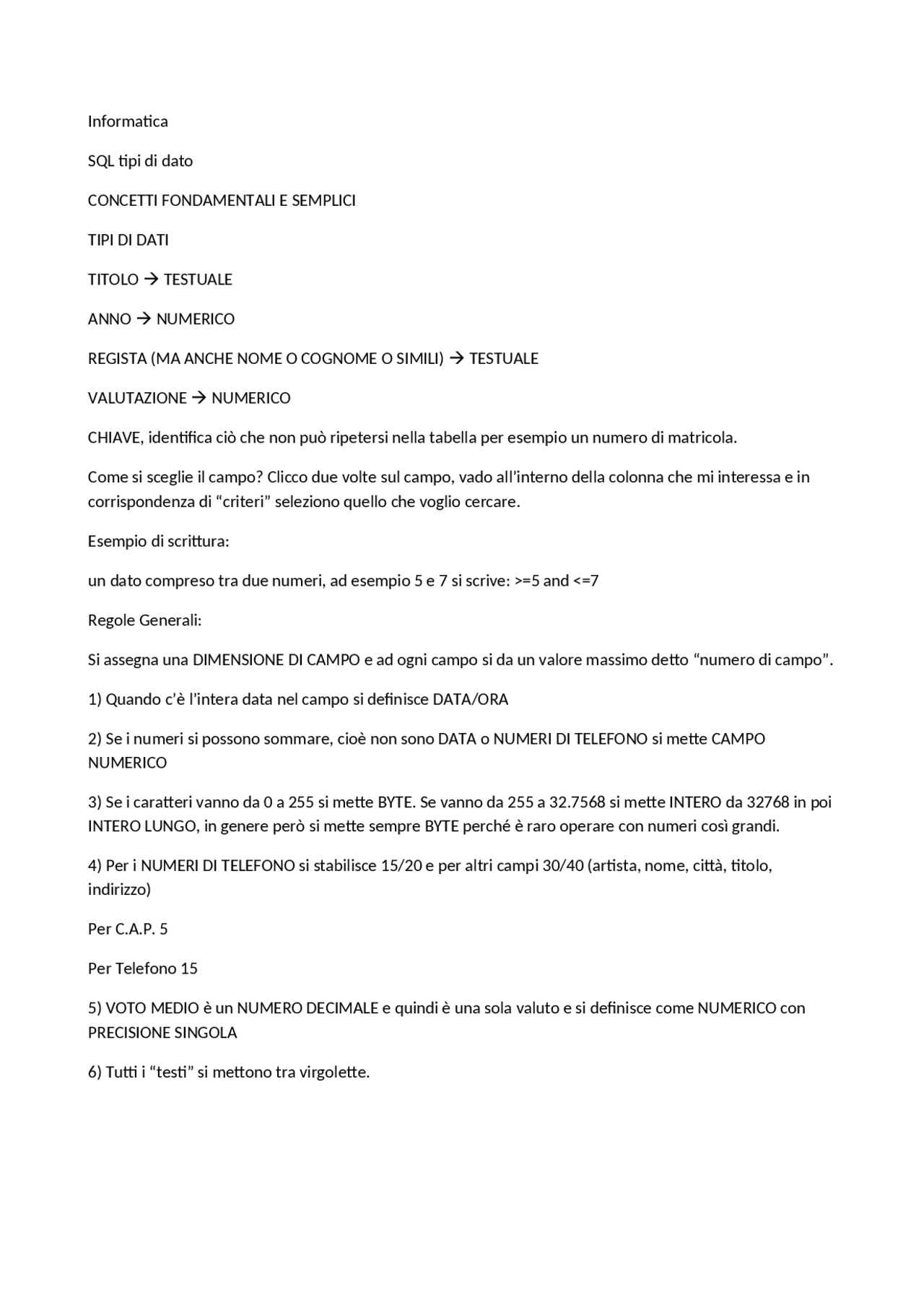 Informatica - SQL primi concetti e i più semplici tipi di dato - Docsity