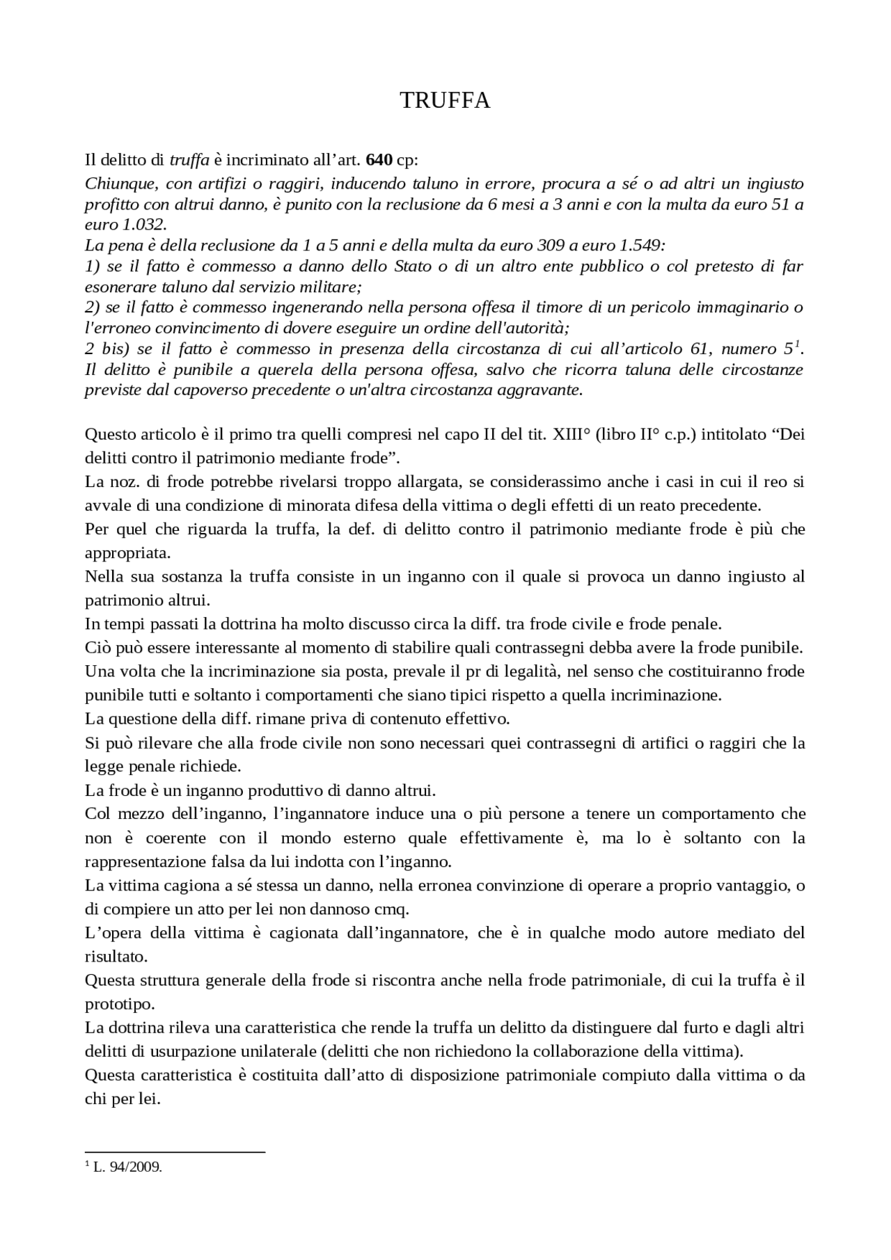 REATO CONTRO IL PATRIMONIO - TRUFFA - Docsity