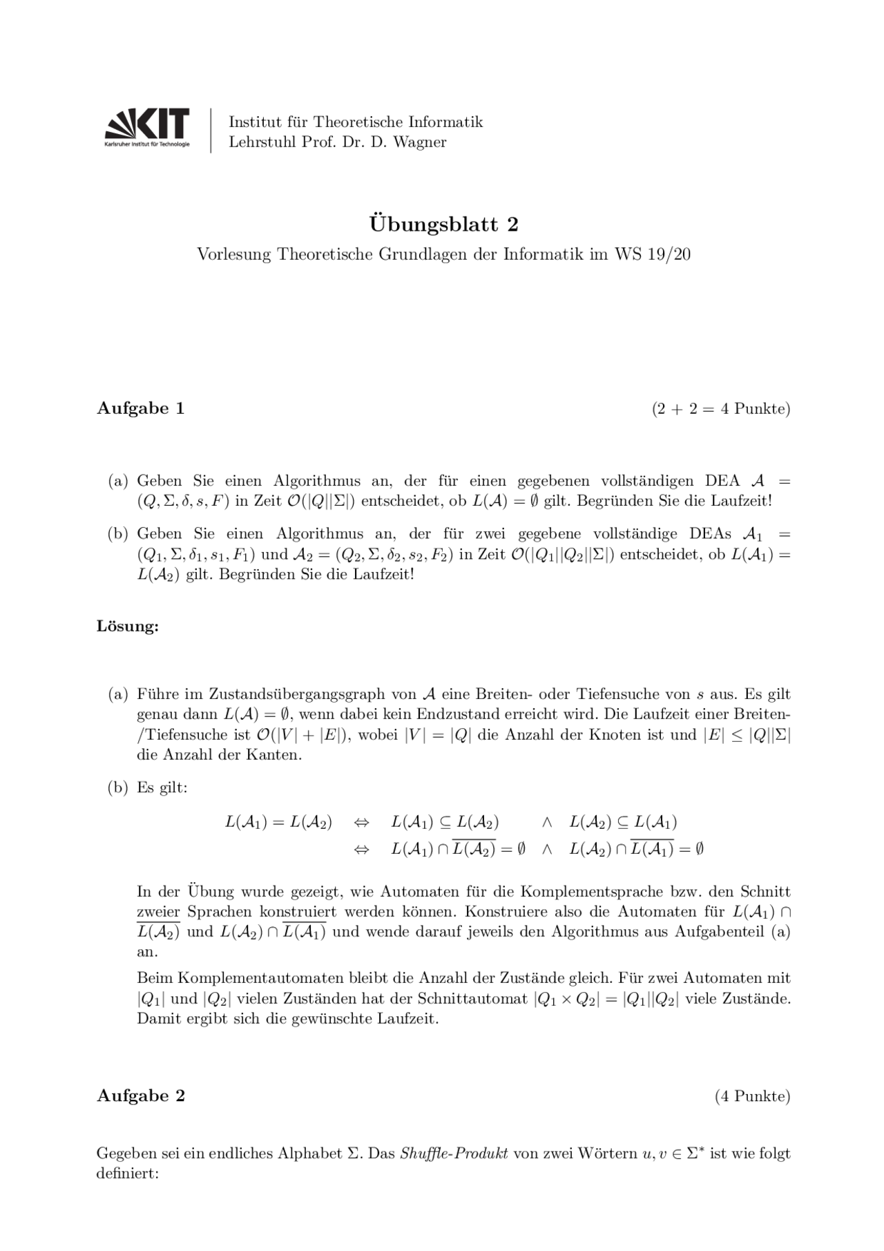 Theoretische Grundlagen der Informatik WS 19/20 Übungsblatt 2 LÖSUNGEN ...