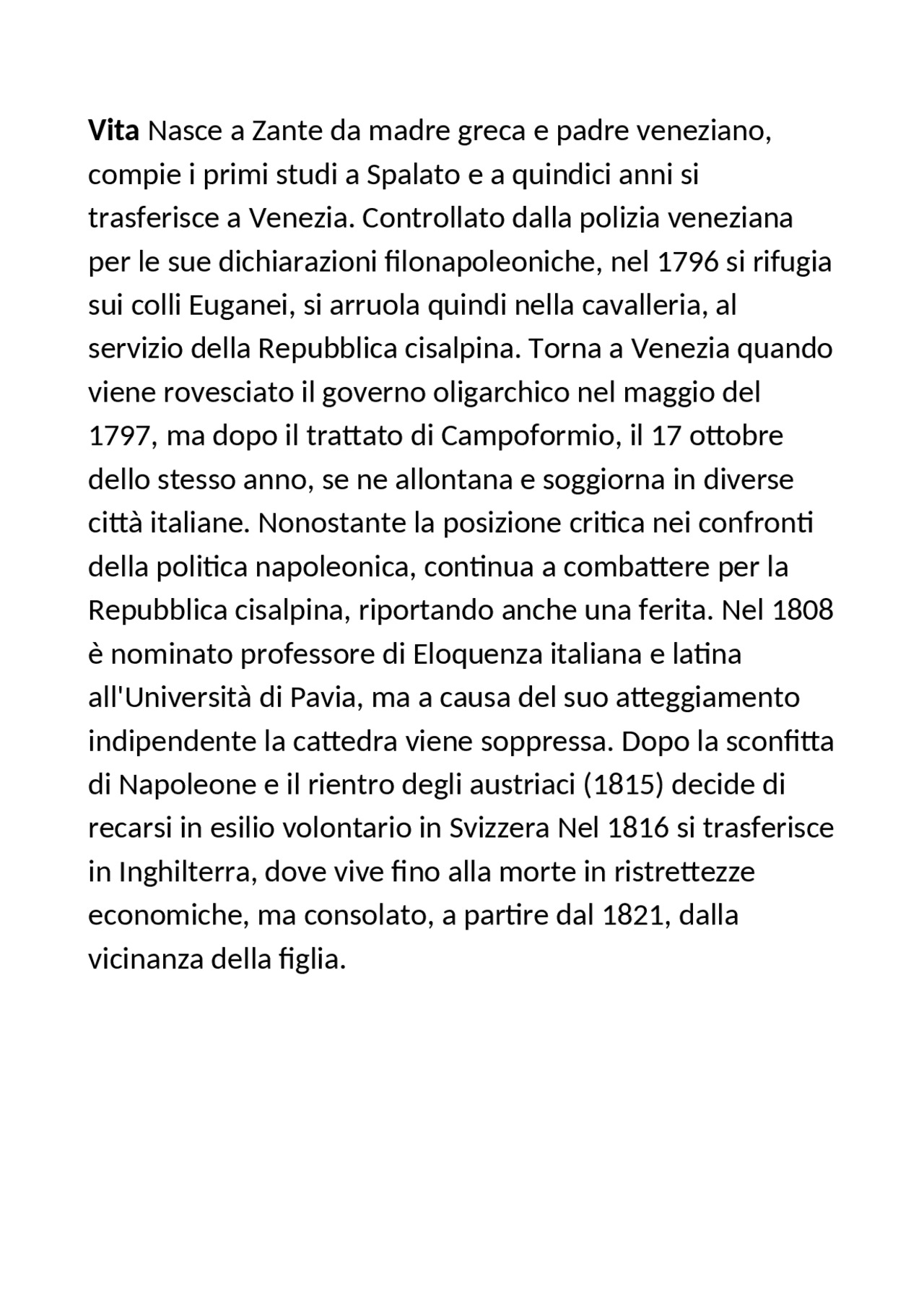 Ugo Foscolo Riassunto Docsity