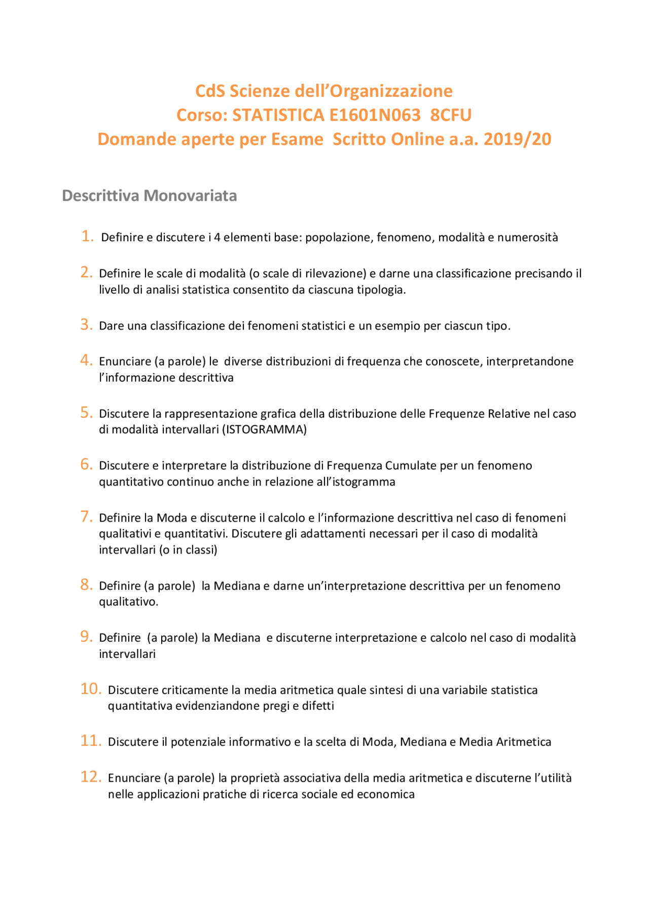 Simulazione Esame Statistica Domande Esercizi Di Statistica Docsity