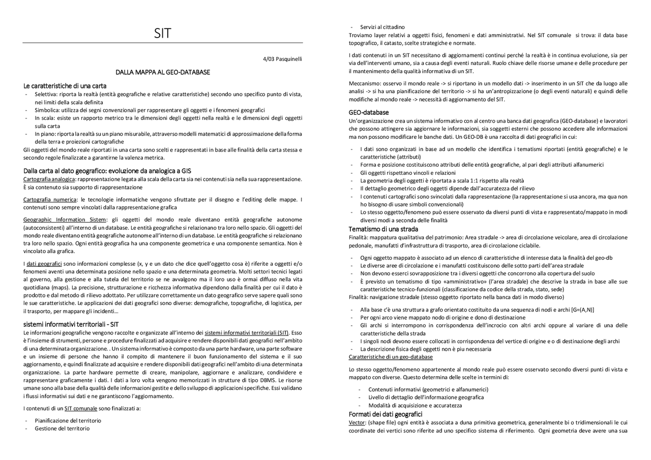 Sistemi Informativi Territoriali Docsity