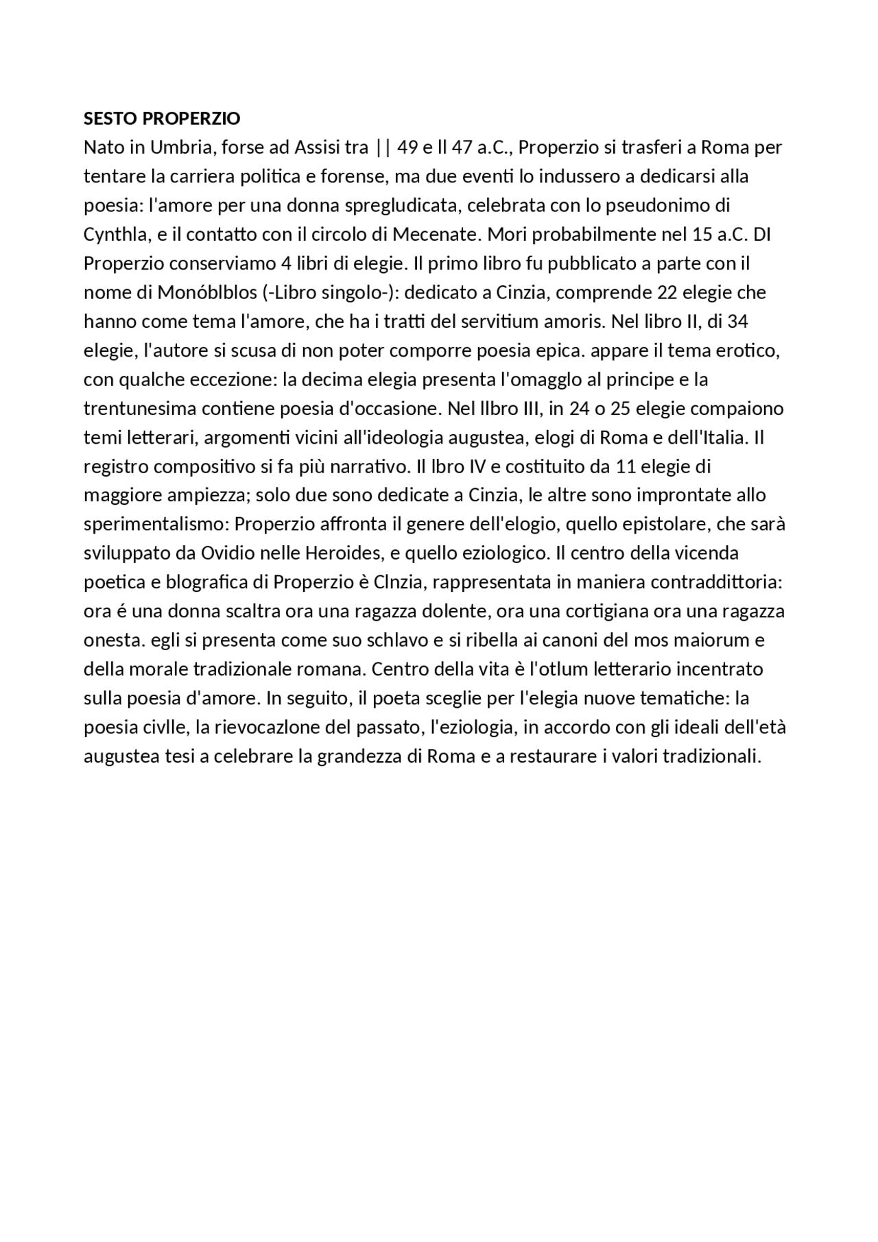 Sesto Properzio Riassunto Docsity