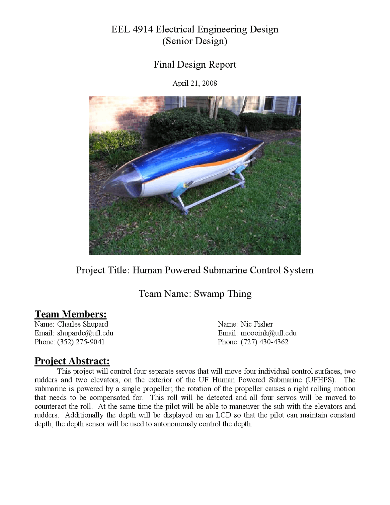 Human Powered Submarine Control System: Final Design Report for Swamp Thing Team | Study Guides ...