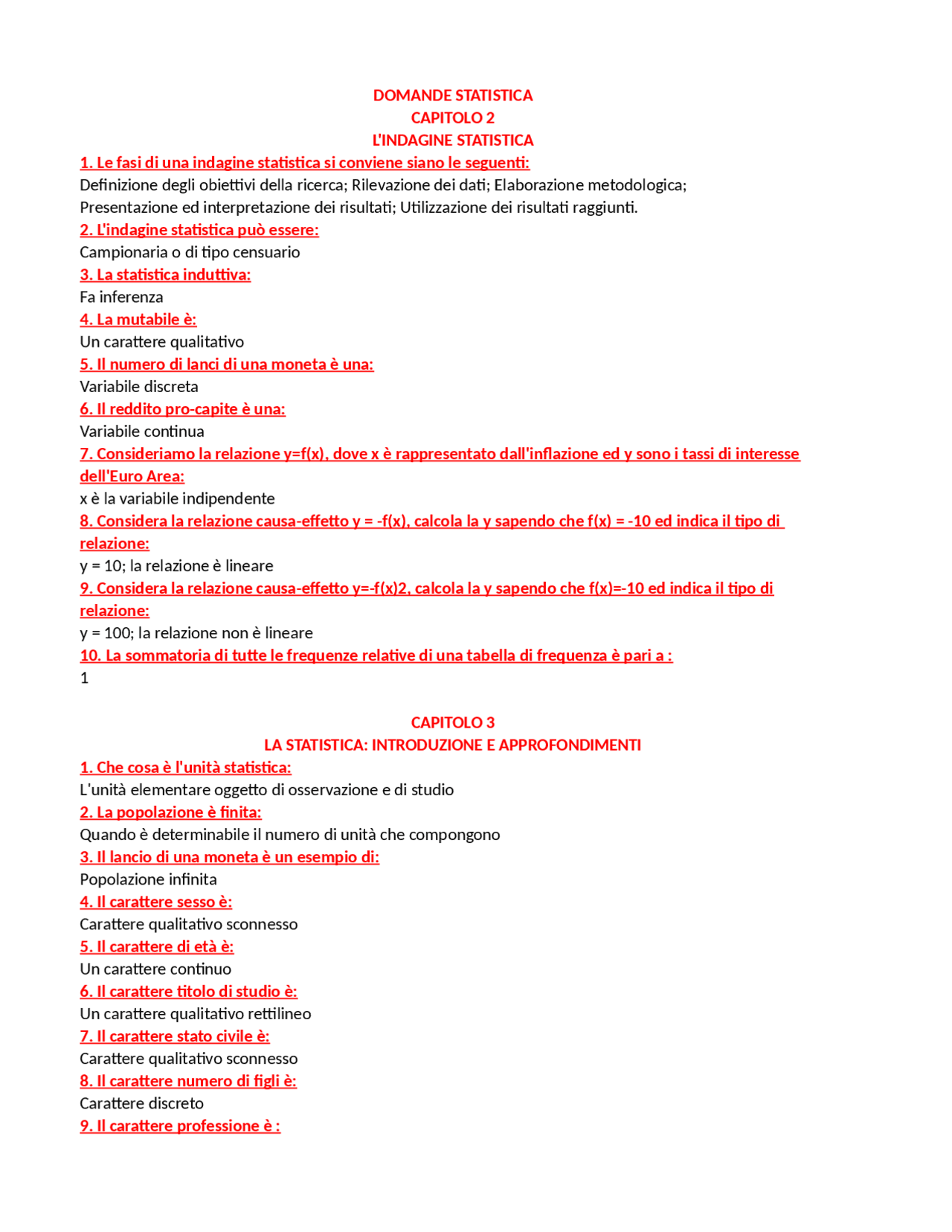 Domande Esami Materia Statistica Docsity
