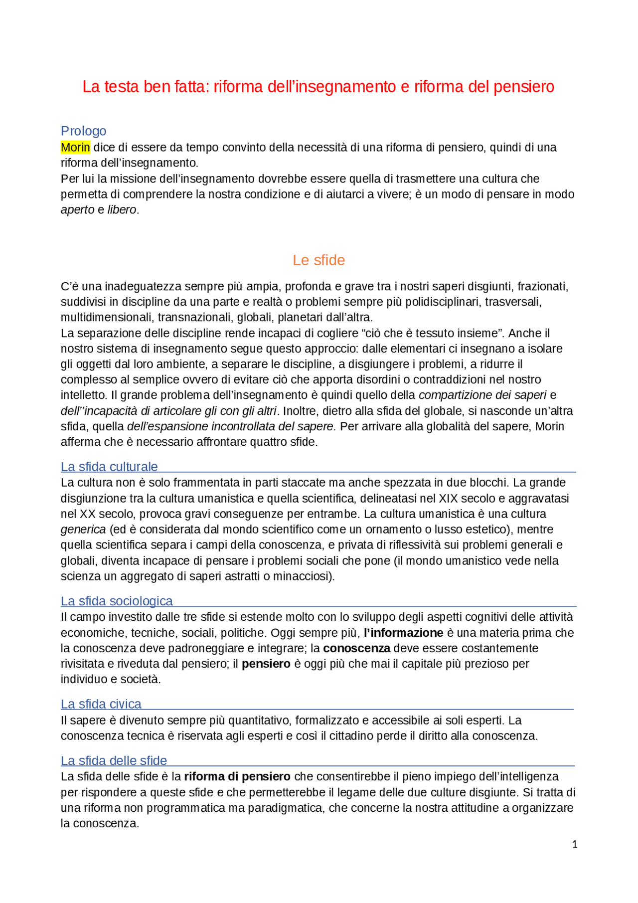 LA TESTA BEN FATTA. Agostino Portera - Docsity