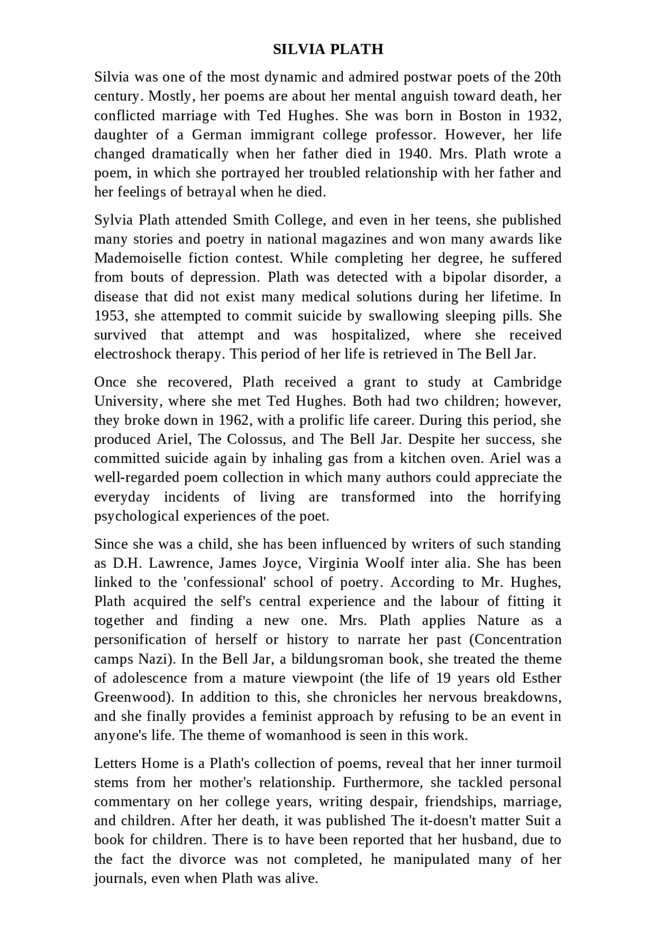 Sylvia plath BIOGRAPHY BEAT GENERATION - Docsity