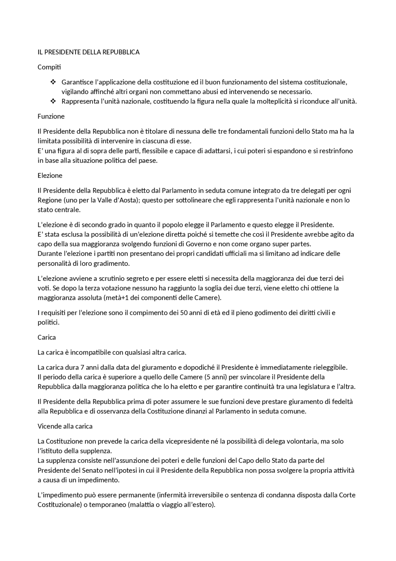 Presidente Della Repubblica Diritto Riassunto Docsity