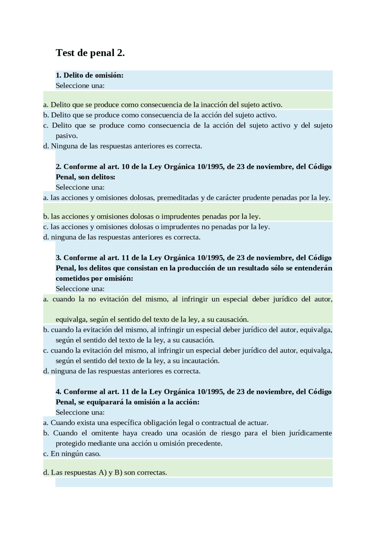 Test De Derecho Penal Exámenes De Derecho Penal Docsity