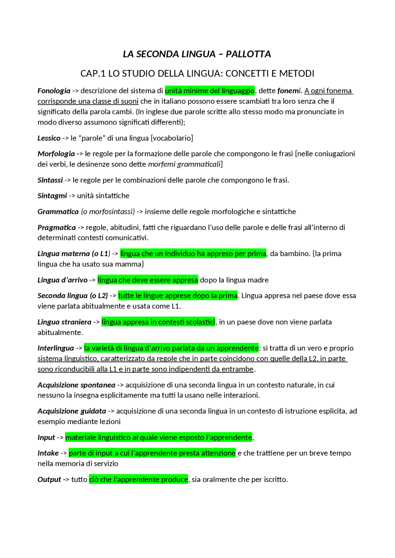Riassunto Libro La Seconda Lingua Pallotta Docsity