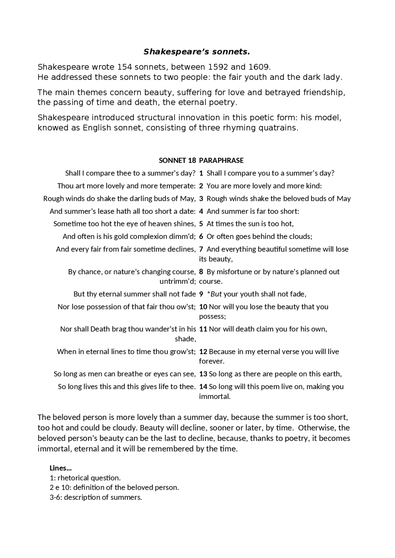 Shakespeares Sonnets Docsity