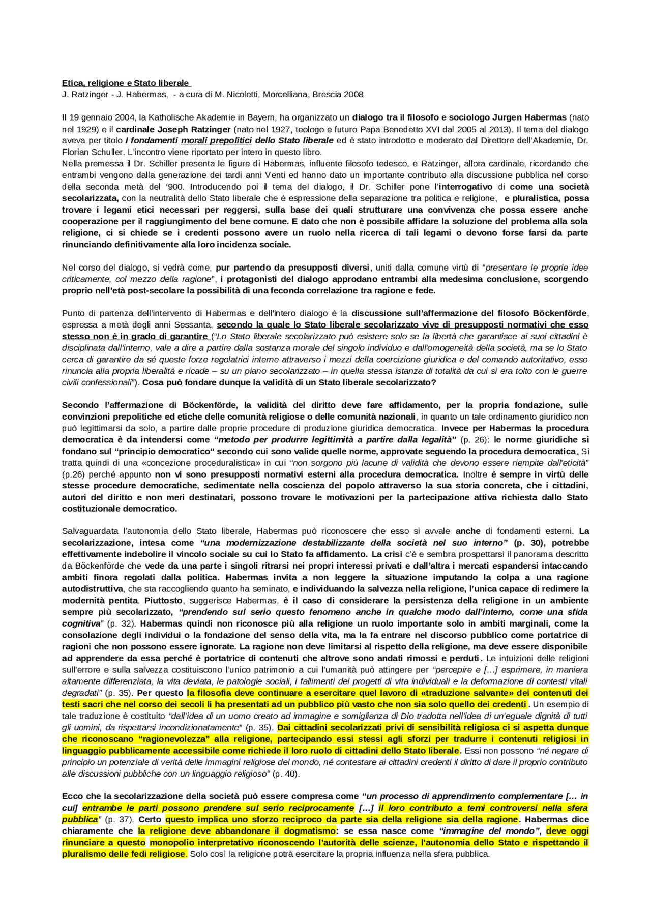 Etica, religione e stato liberale - Docsity