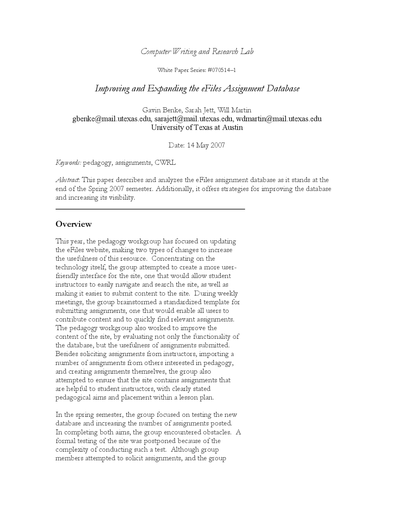 Improving And Expanding The Efiles Assignment Database Lecture Notes Technical Writing Docsity