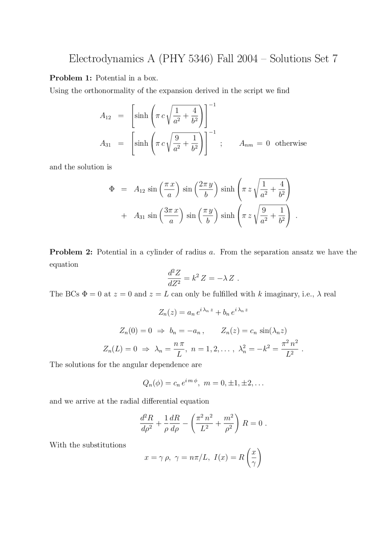 Electrodynamics A Fall 2004 Solutions Set 7 Phy 5346 Docsity