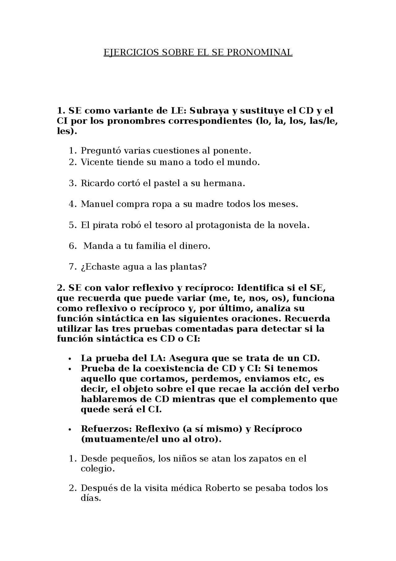 EJERCICIOS SOBRE EL SE PRONOMINAL - Docsity