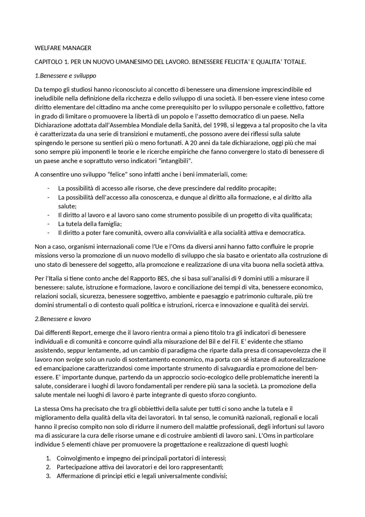 Riassunto Di Welfare Manager Benessere E Cura Docsity