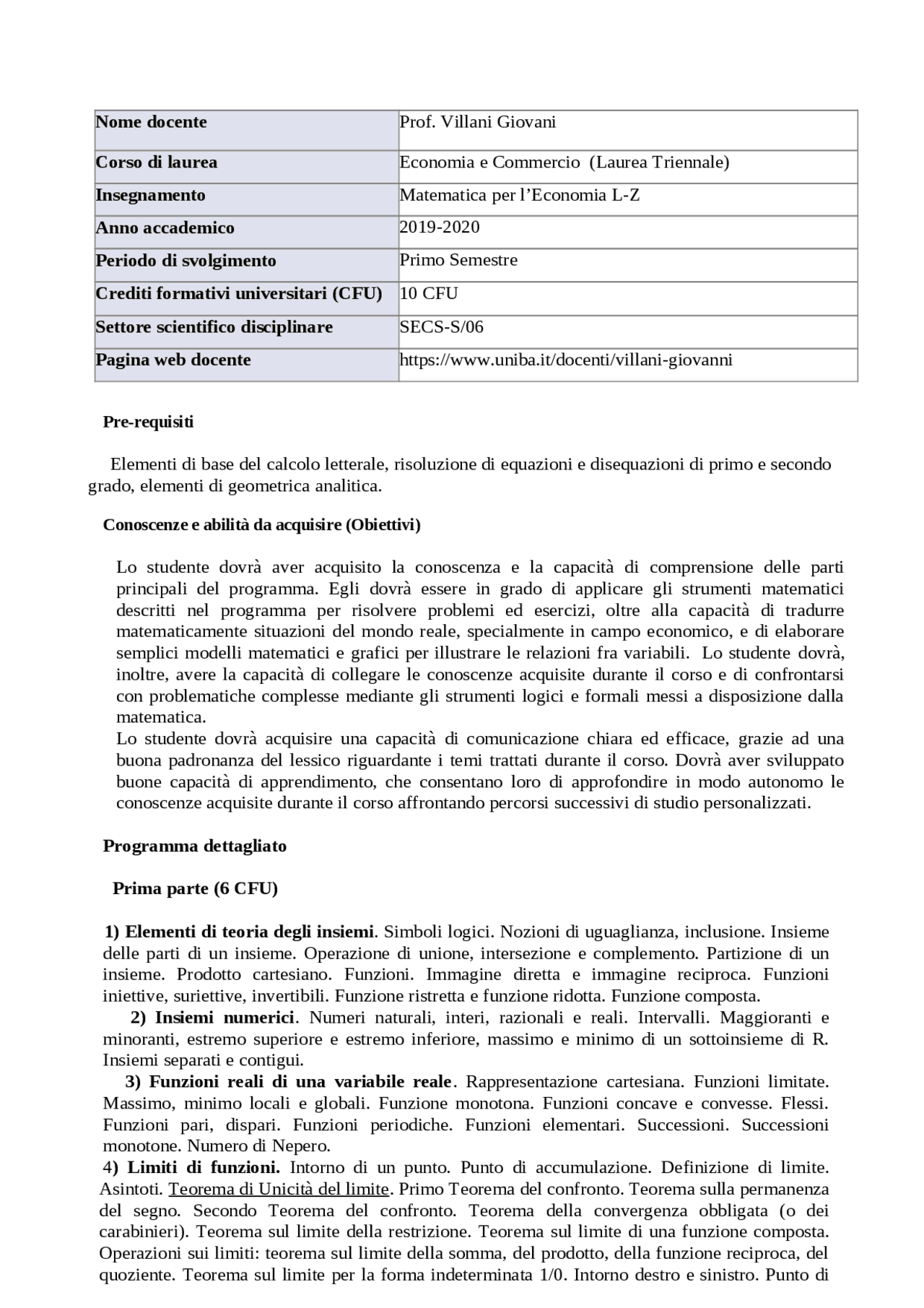SCHEMA PROGRAMMA MATEMATICA GENERALE - Docsity