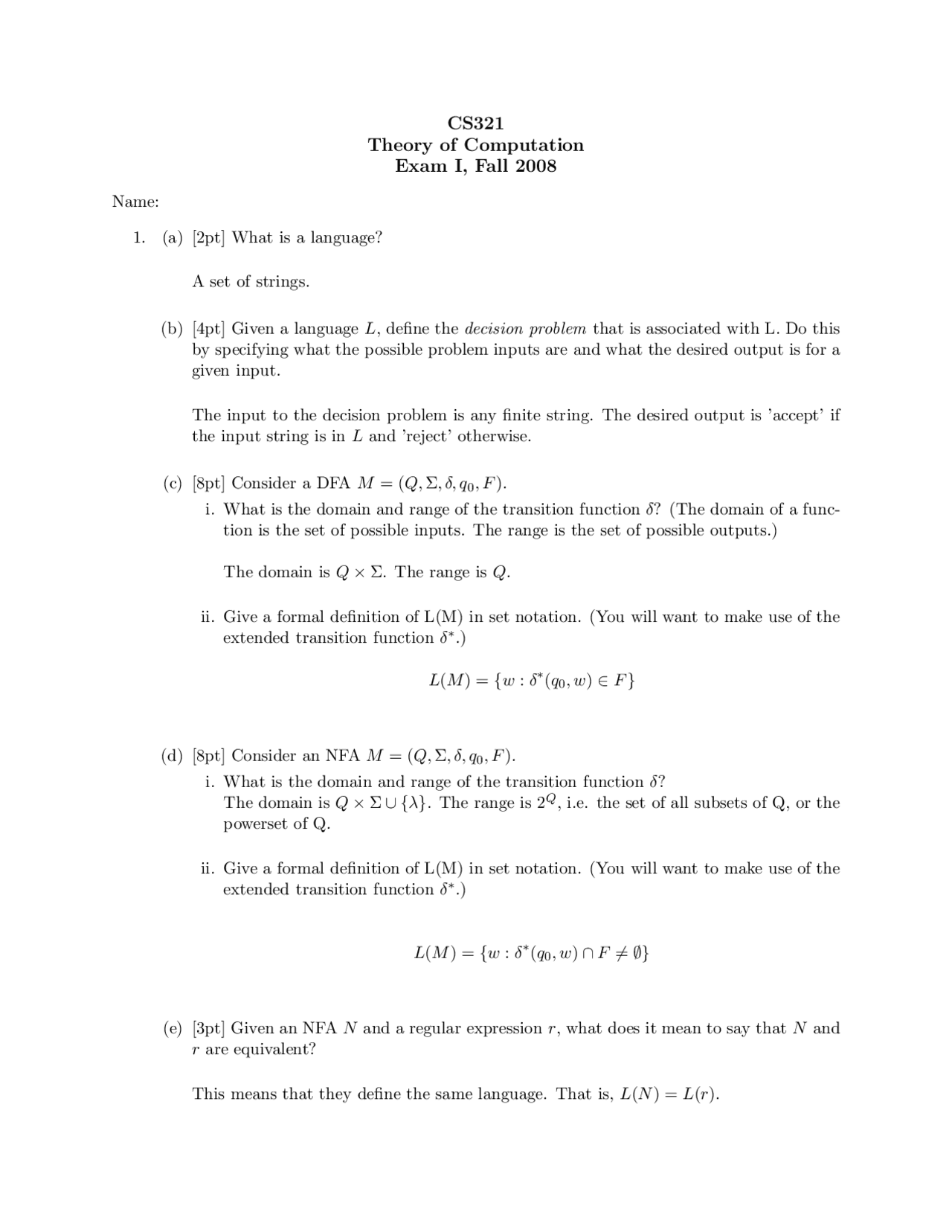 Exam Introduction To Theory Of Computation Cs 321 Docsity