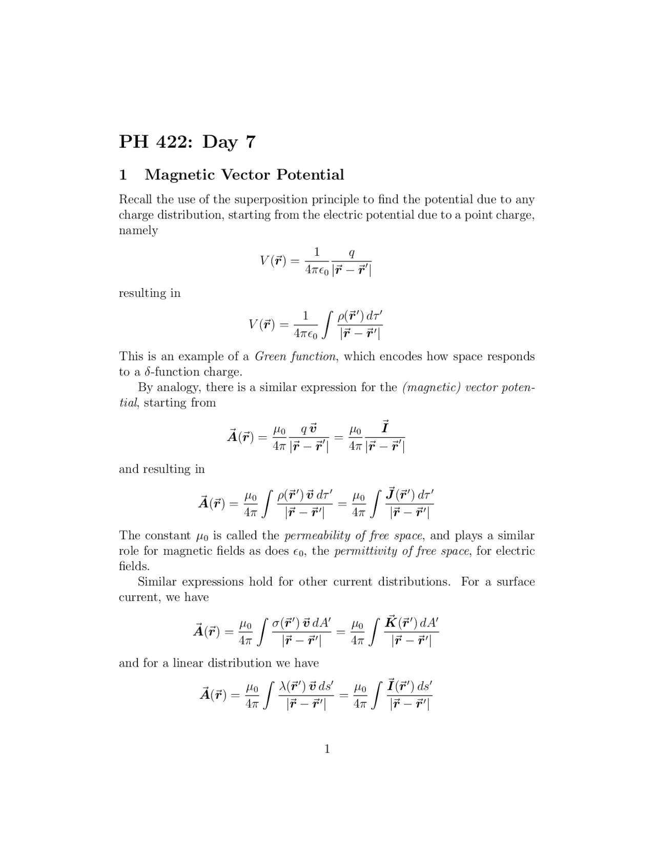 Formulas on Magnetic Vector Potential | PH 422 - Docsity
