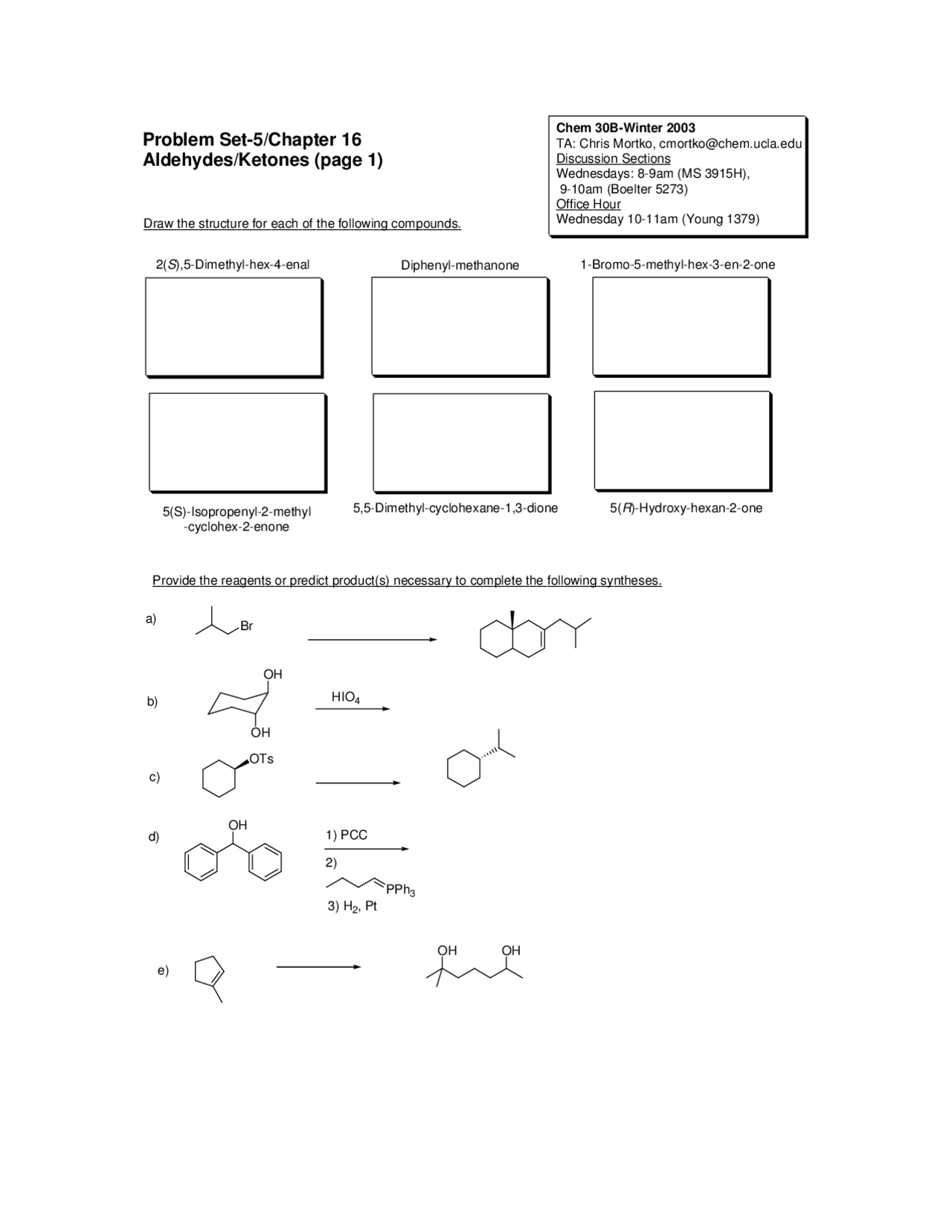 Problem Set Aldehydes/Ketones | CHEM 30B - Docsity