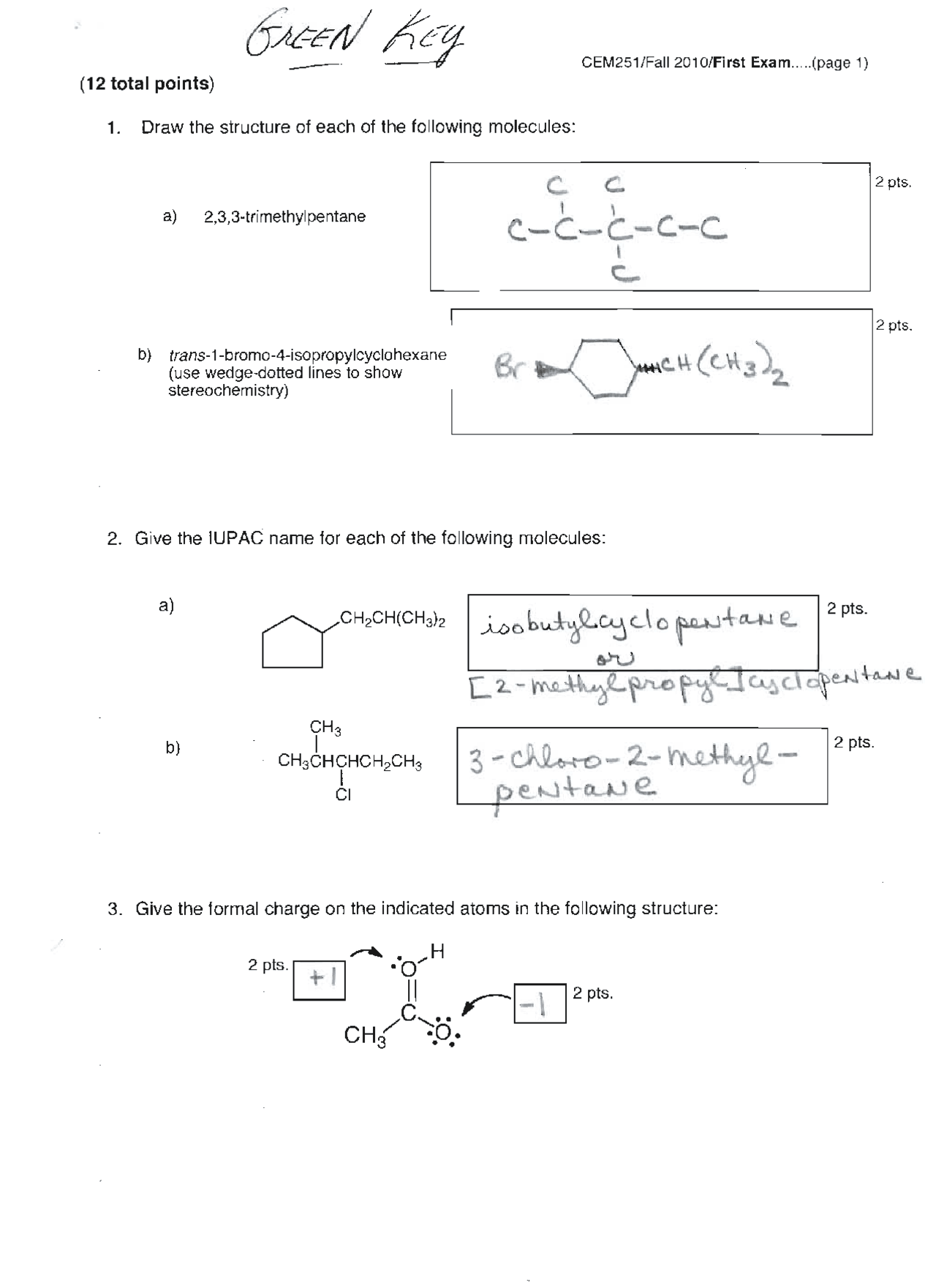 Organic Chemistry I First Exam 19 Solved Exercises Cem 251 Docsity