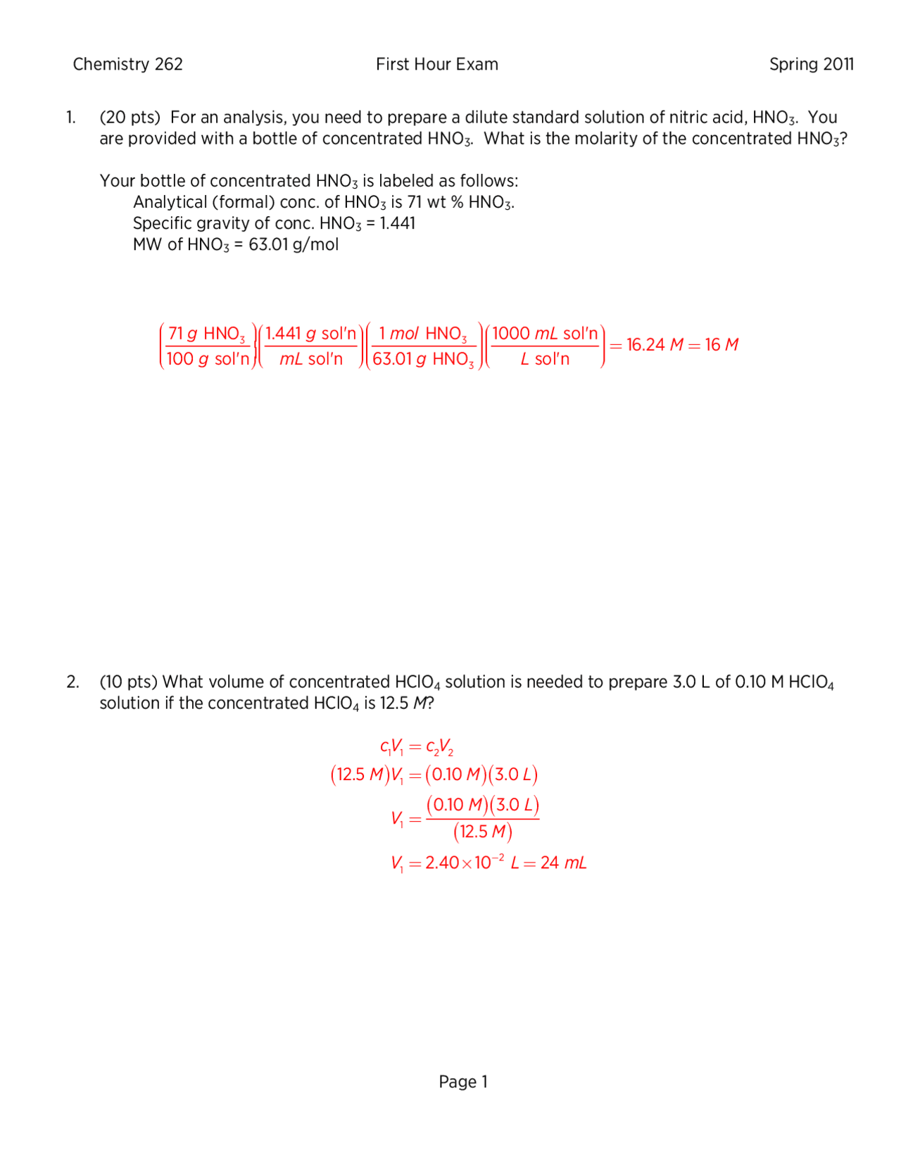 Organic Chemistry First Hour Exam With Solutions Cem 262 Docsity