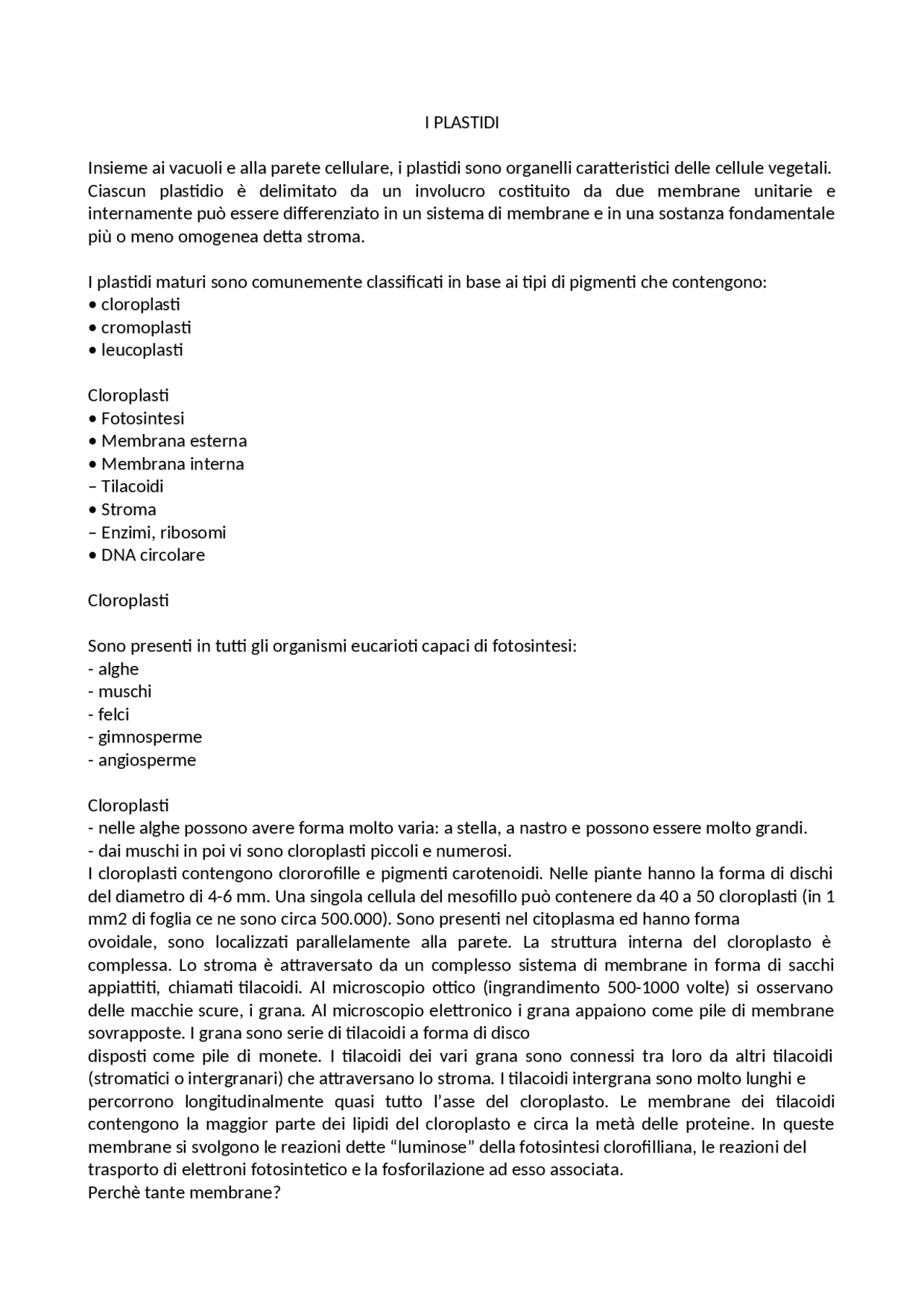 Plastidi biologia vegetale - Docsity