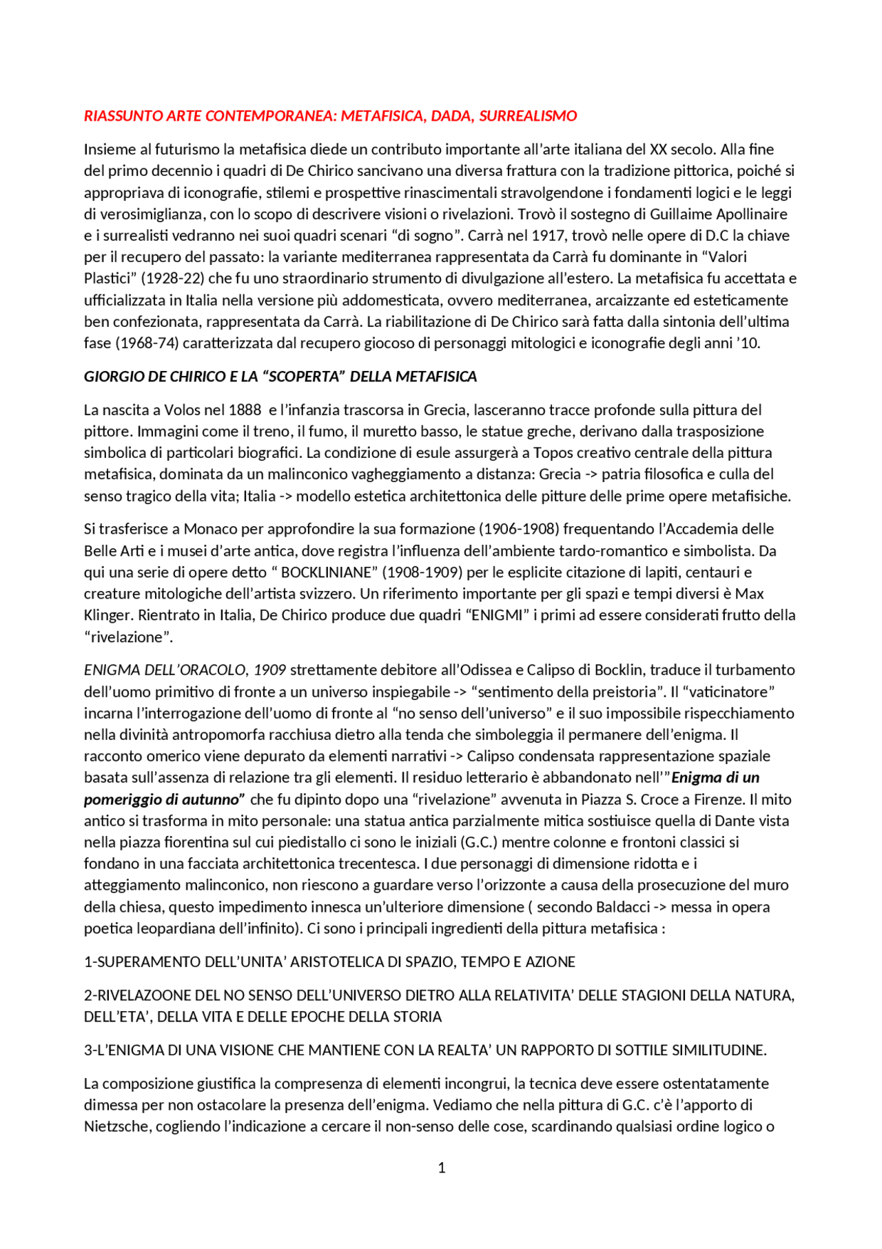 Metafisica Dada Surrealismo Ilaria Schiaffini Docsity