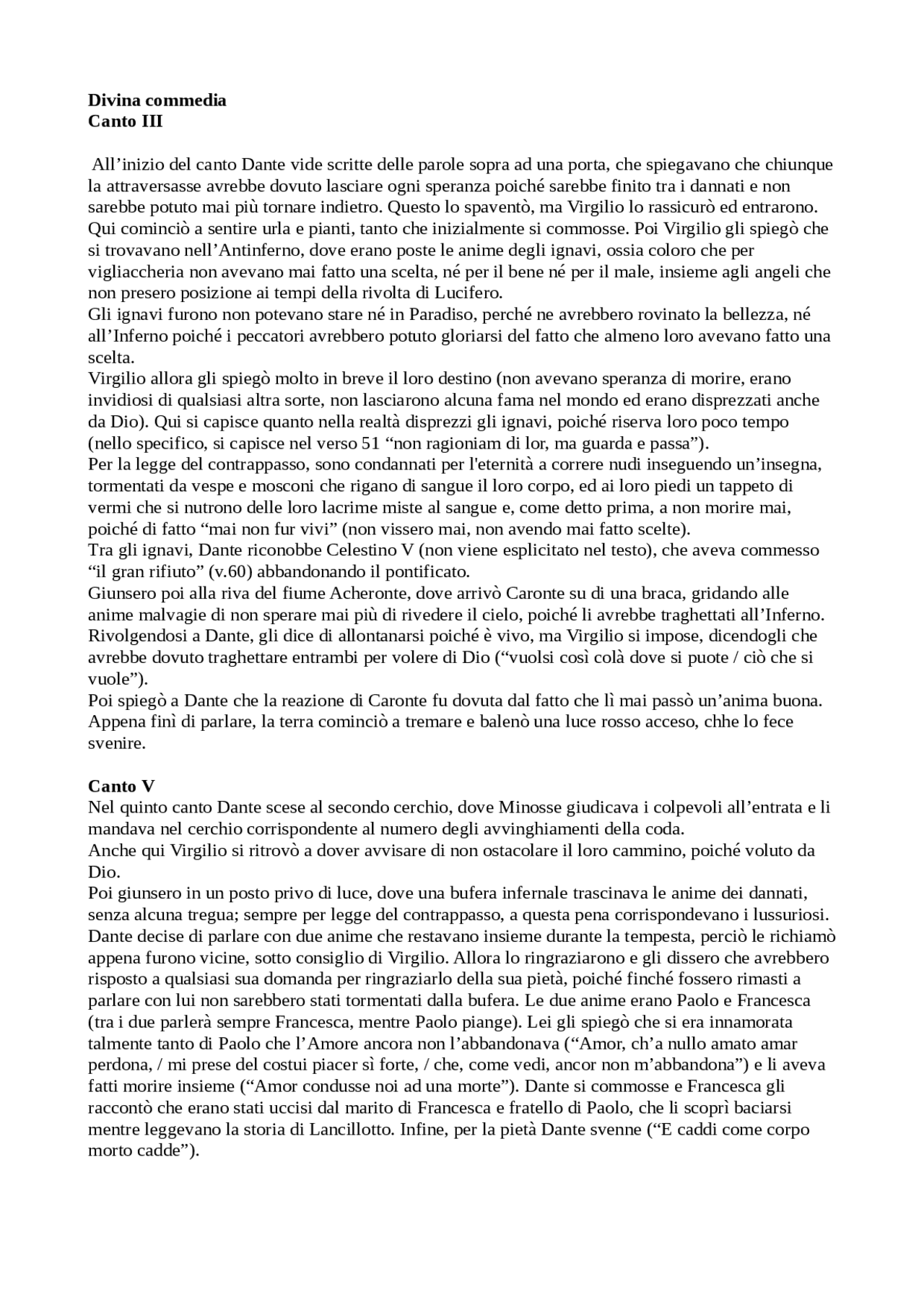 Divina Commedia Canti Iii E V Docsity