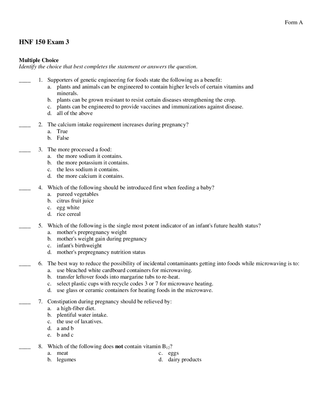 Intro To Human Nutrition Multiple Choice Exam 3 with Answers | HNF 150 ...