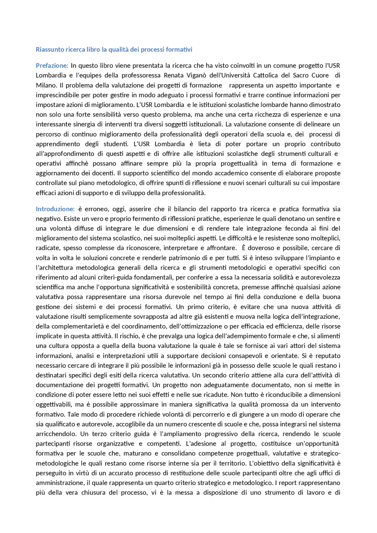 Riassunto Libro La Qualità Dei Processi Formativi Docsity